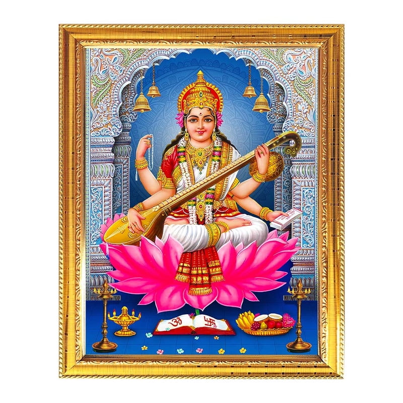 Maa Sharada Indian God Photo With Golden Frames for Pooja And Wall Gift ...