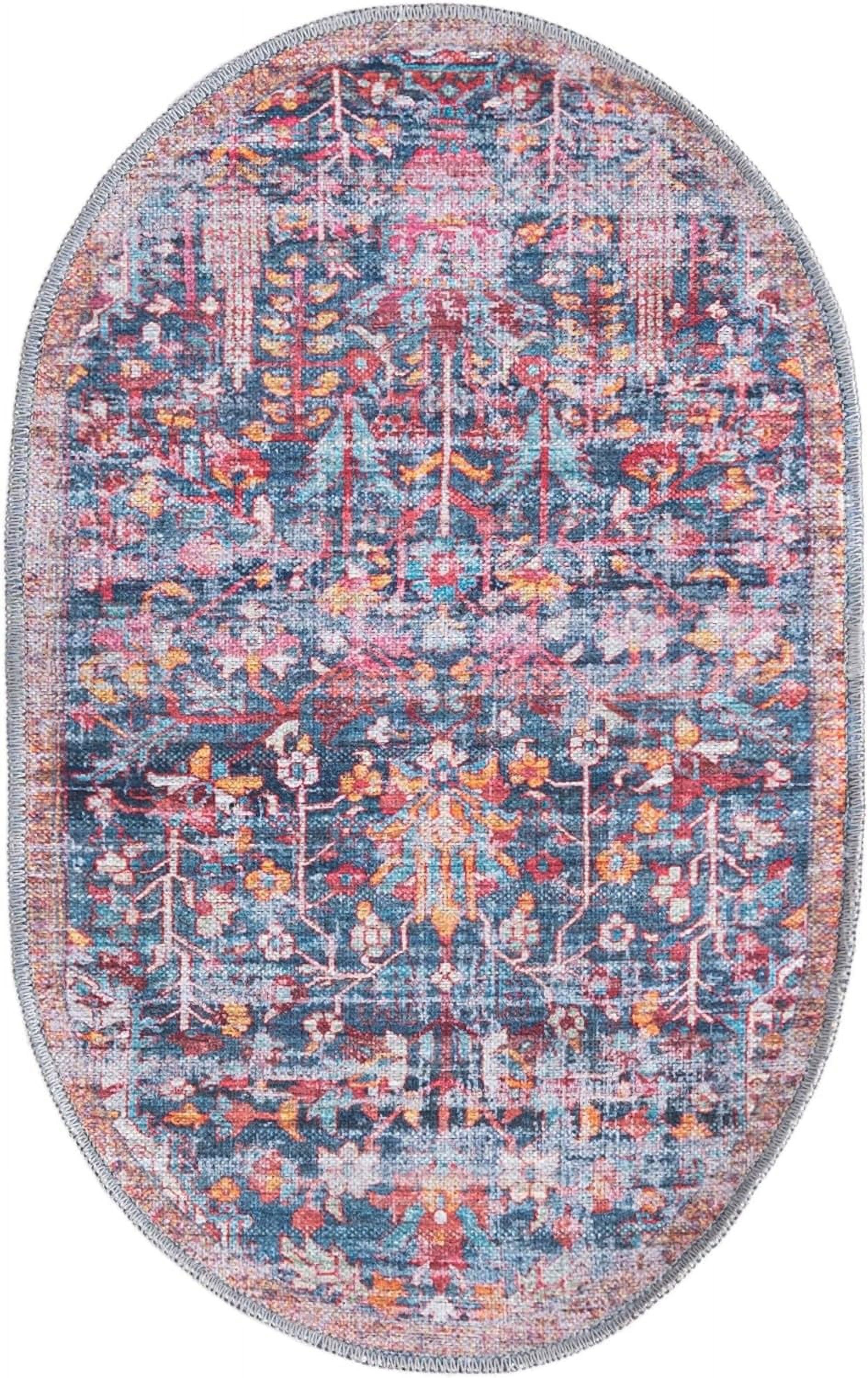 Maahru Collection Washable Rug – 2' x 3' Oval Blue Low-Pile Rug Perfect ...