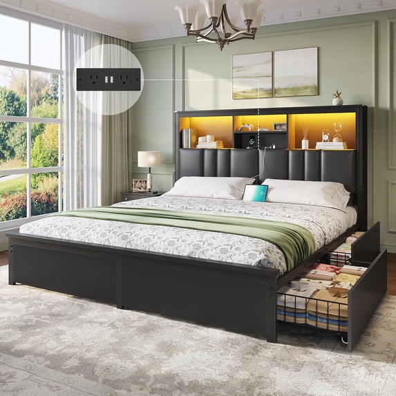Mabor California King Size Bed with 4 Drawers,Bed Frame with ...