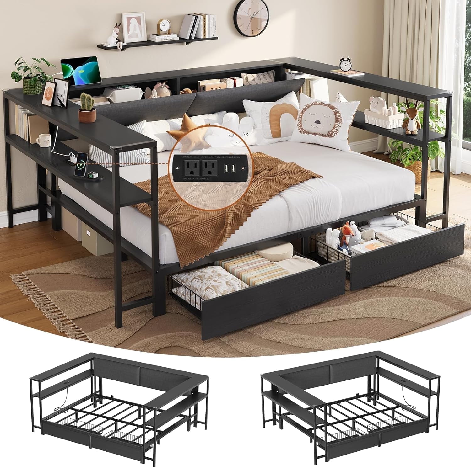 Mabor Corner Bed Frame Full Size Daybeds with 2 Drawers & Charging ...