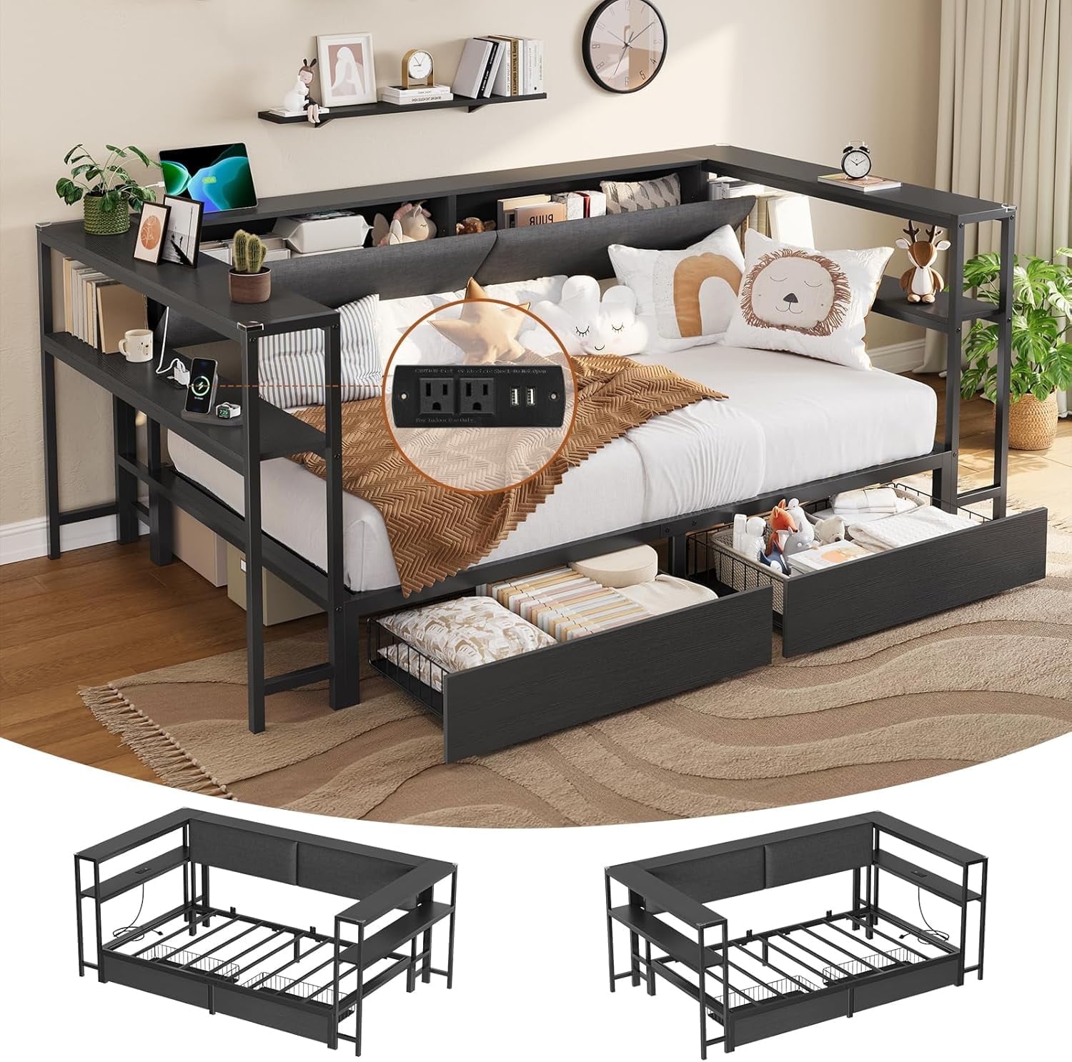 Mabor Corner Bed Frame Twin Size Daybeds with 2 Drawers & Charging ...