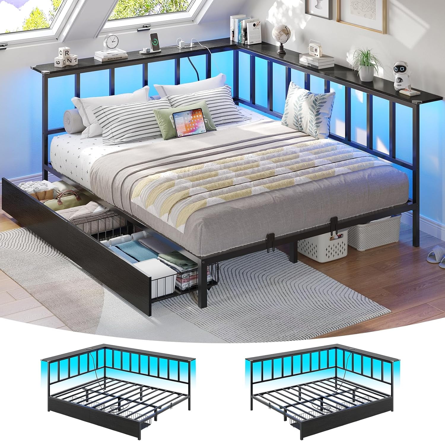 Mabor Full Corner Bed Frame with 2 Storage Drawers Modern Daybed with ...