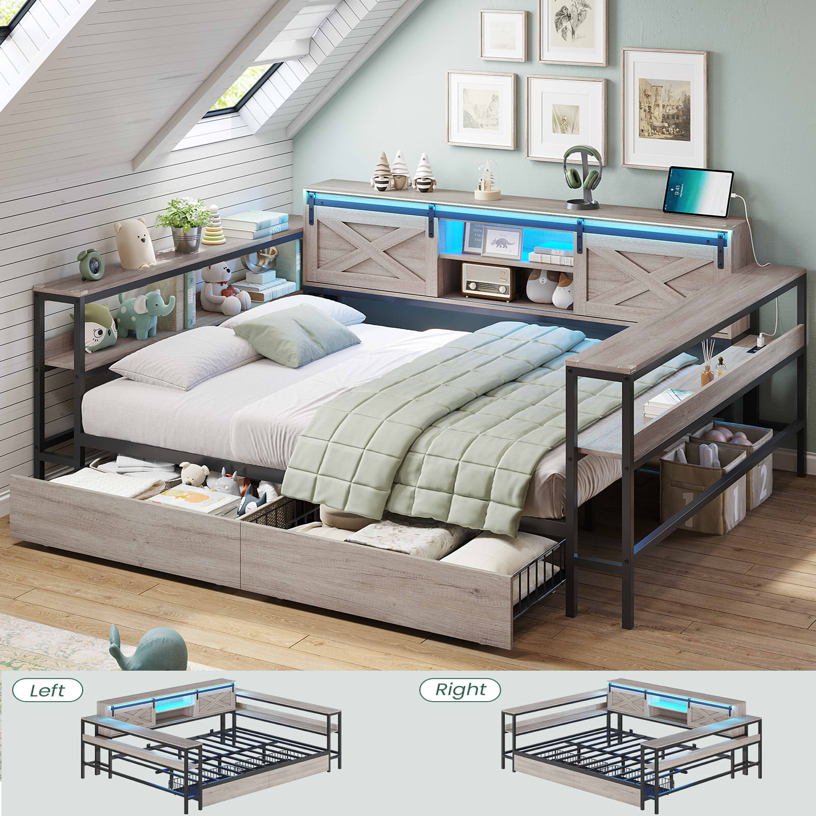 Mabor Full Corner Bed Frame with Charging Station and Led Lights ...