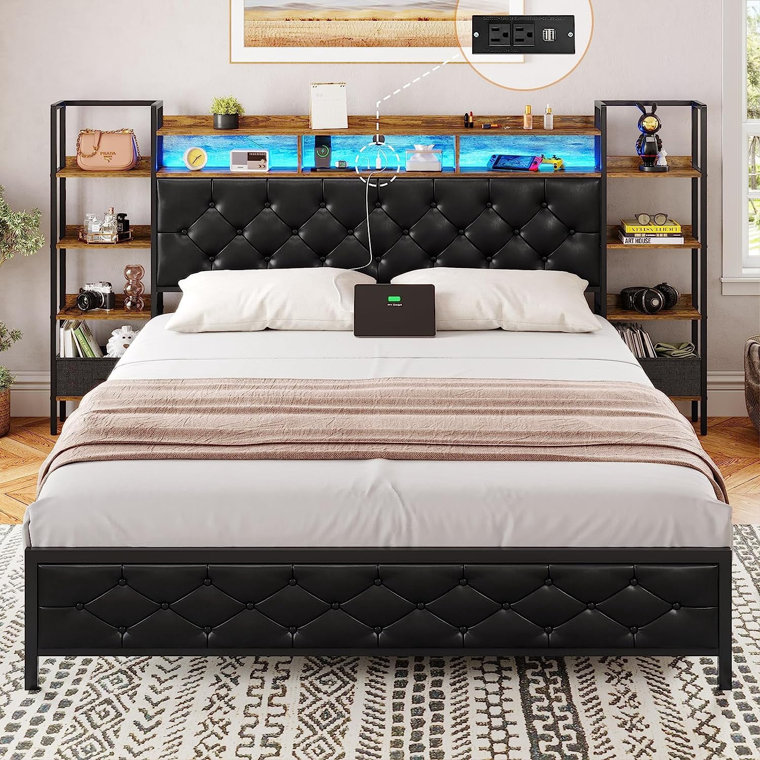 Mabor Full LED Bed Frame with Storage Headboard & Charging Station ...