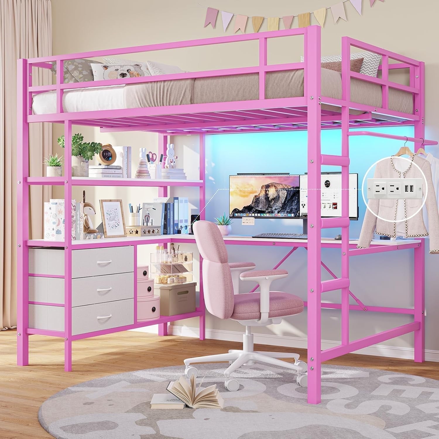 Mabor Full Metal Loft Bed Frame with L-Shaped Desk&LED Lights&Charging ...