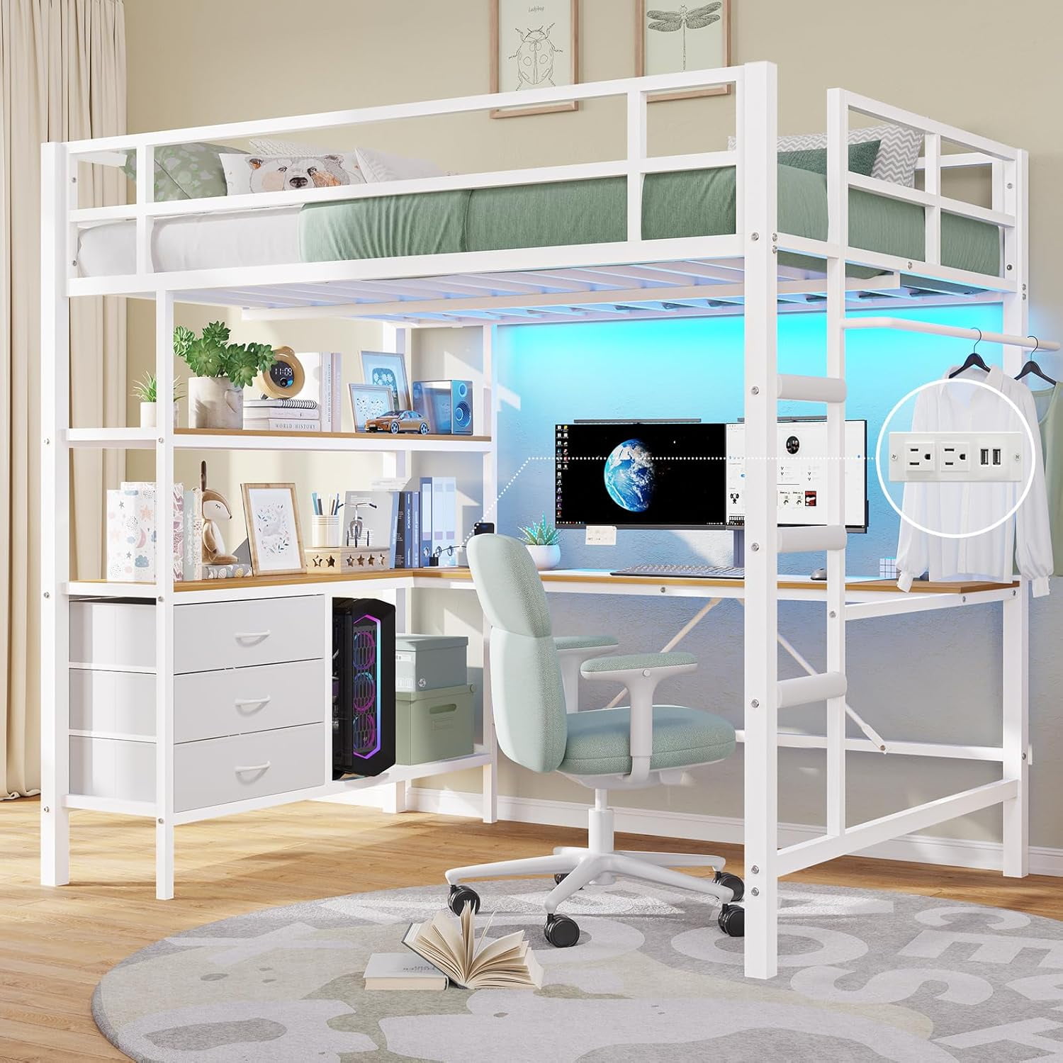 Mabor Full Metal Loft Bed Frame with L-Shaped Desk&LED Lights&Charging ...