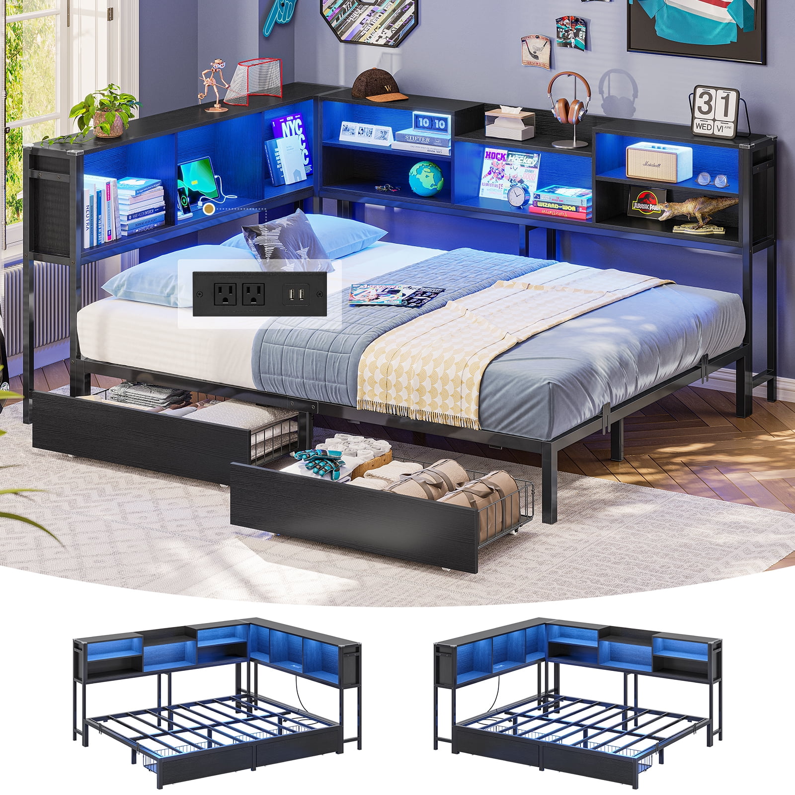 Mabor Full Size Corner Bed Frame with Charging Station & Led Lights ...