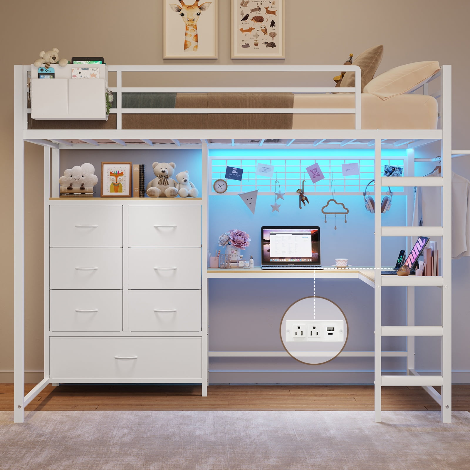 Mabor Loft Bed Full Size with L-Shaped Desk & Charging Station Full ...