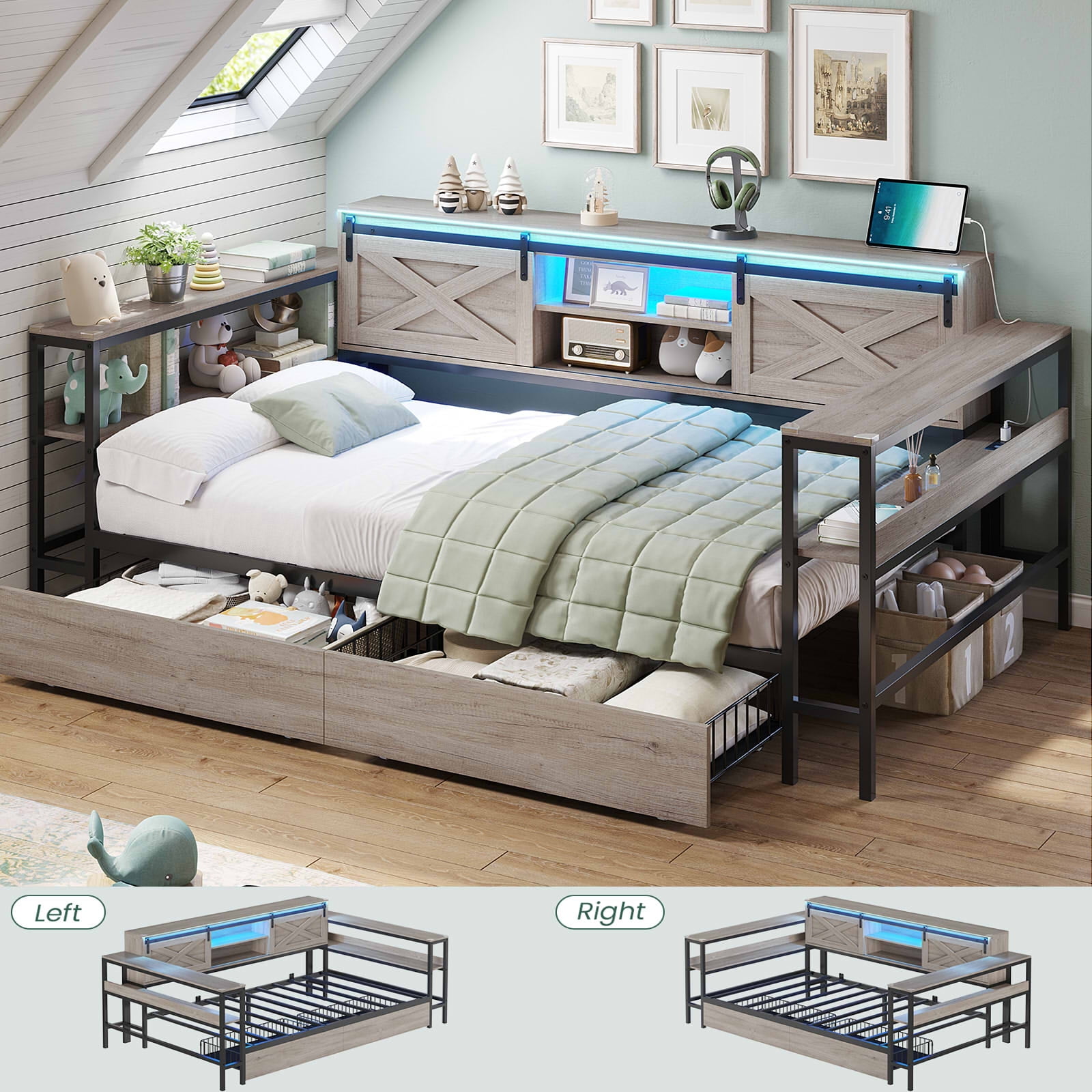 Mabor Twin Corner Bed Frame with Charging Station and Led Lights ...