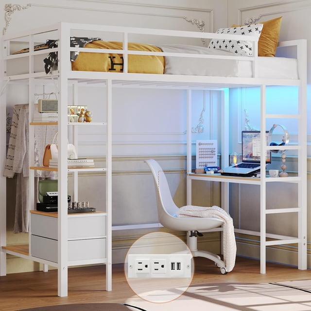 Mabor Twin Loft Bed with Desk&Charging Stations&Led Lights, LED Metal ...