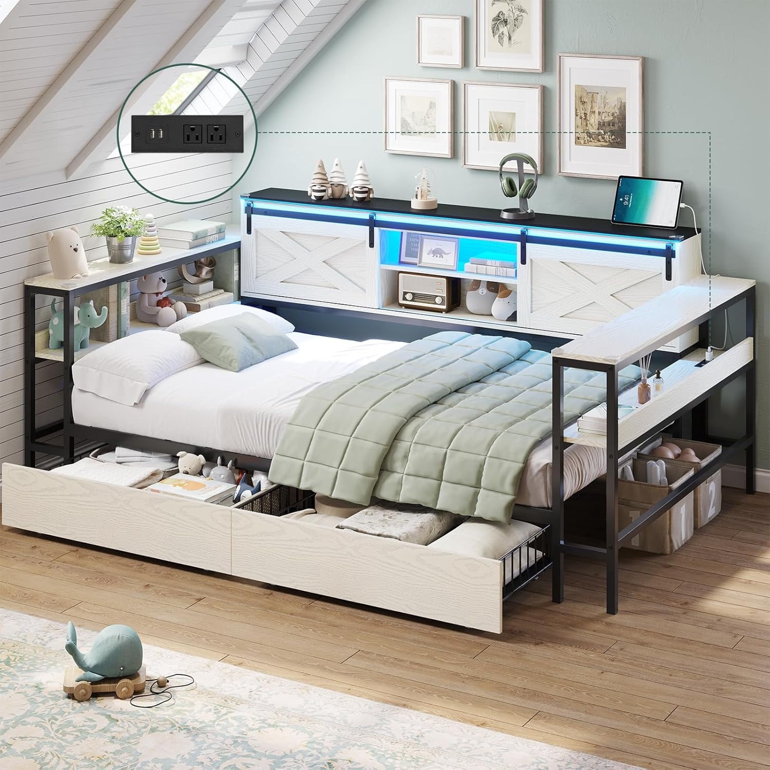 Mabor Twin Size Daybed Farmhouse Corner Bed Frame with Charging Station ...