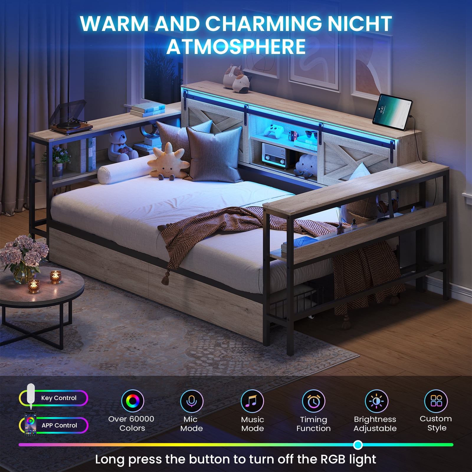 Mabor Twin XL Corner Bed Frame with Charging Station and Led Lights ...