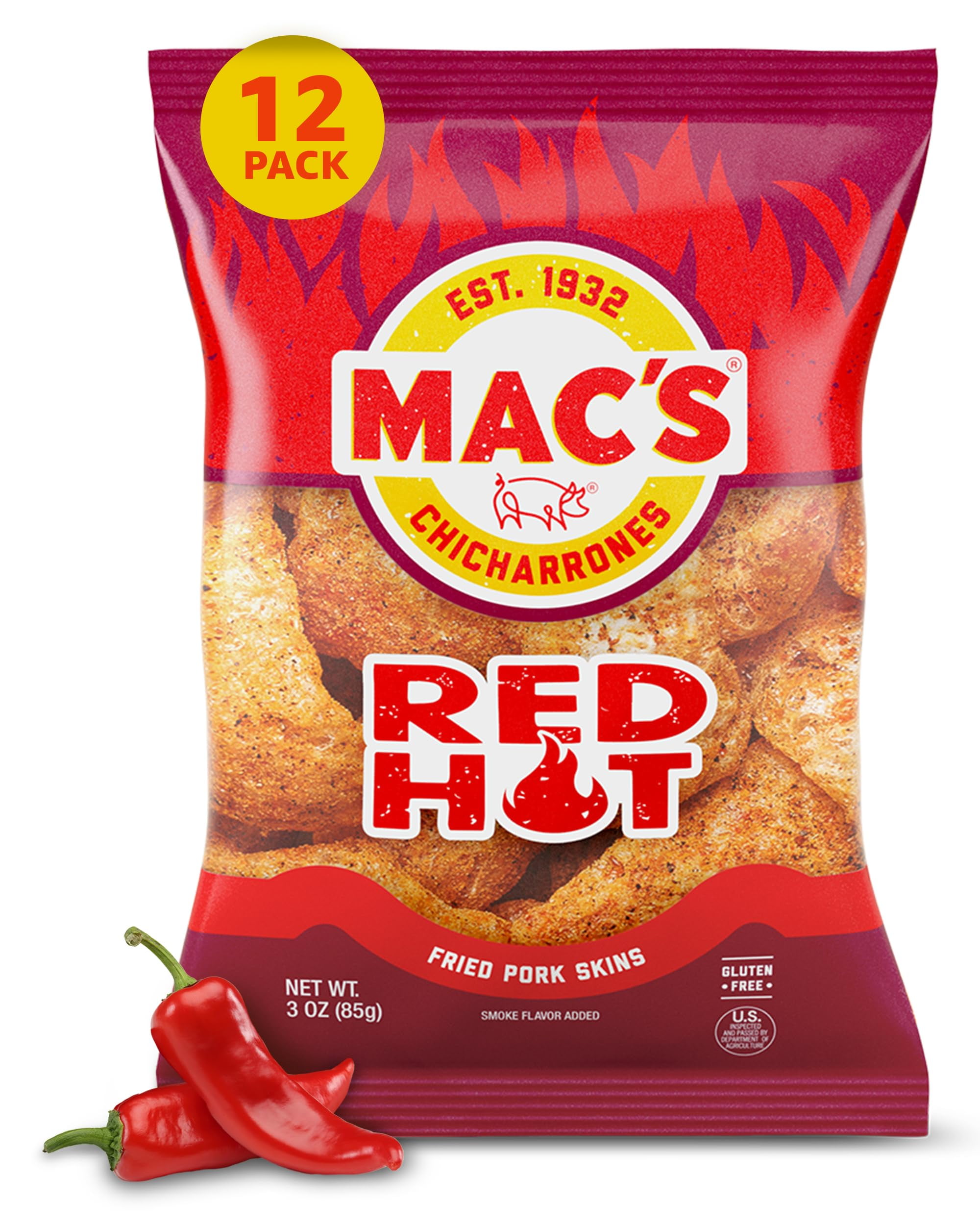 Mac's Hot Fried Pork BCF26 Skins - Hot Flavored Chicharrones Pork Rinds ...