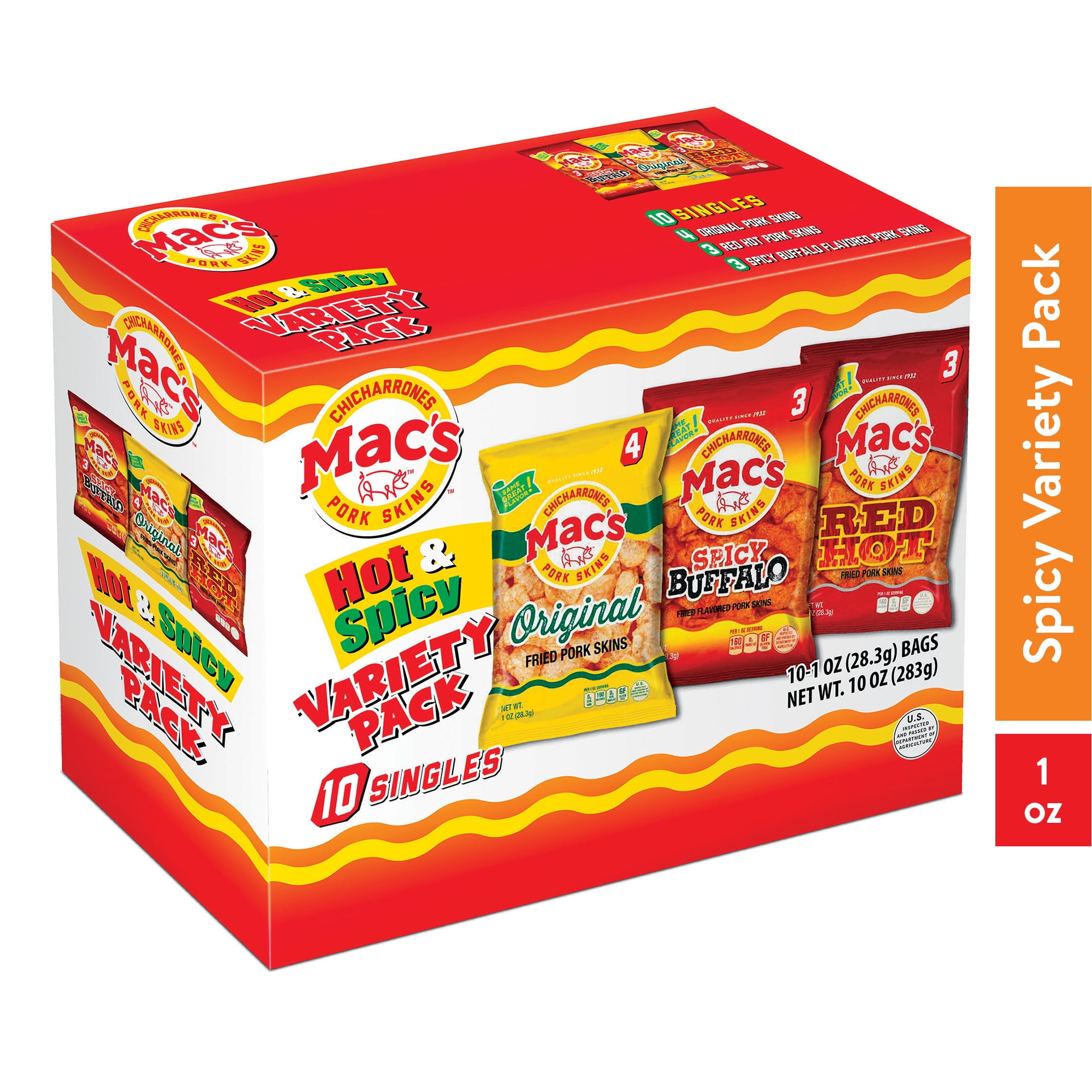 Mac's Pork Rind Snacks Spicy Variety Pack - 10 Pack of 1 Oz. Bags ...