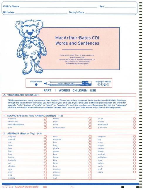MacArthur-Bates CDI: Words and Sentences, English, NCS Scannable ...