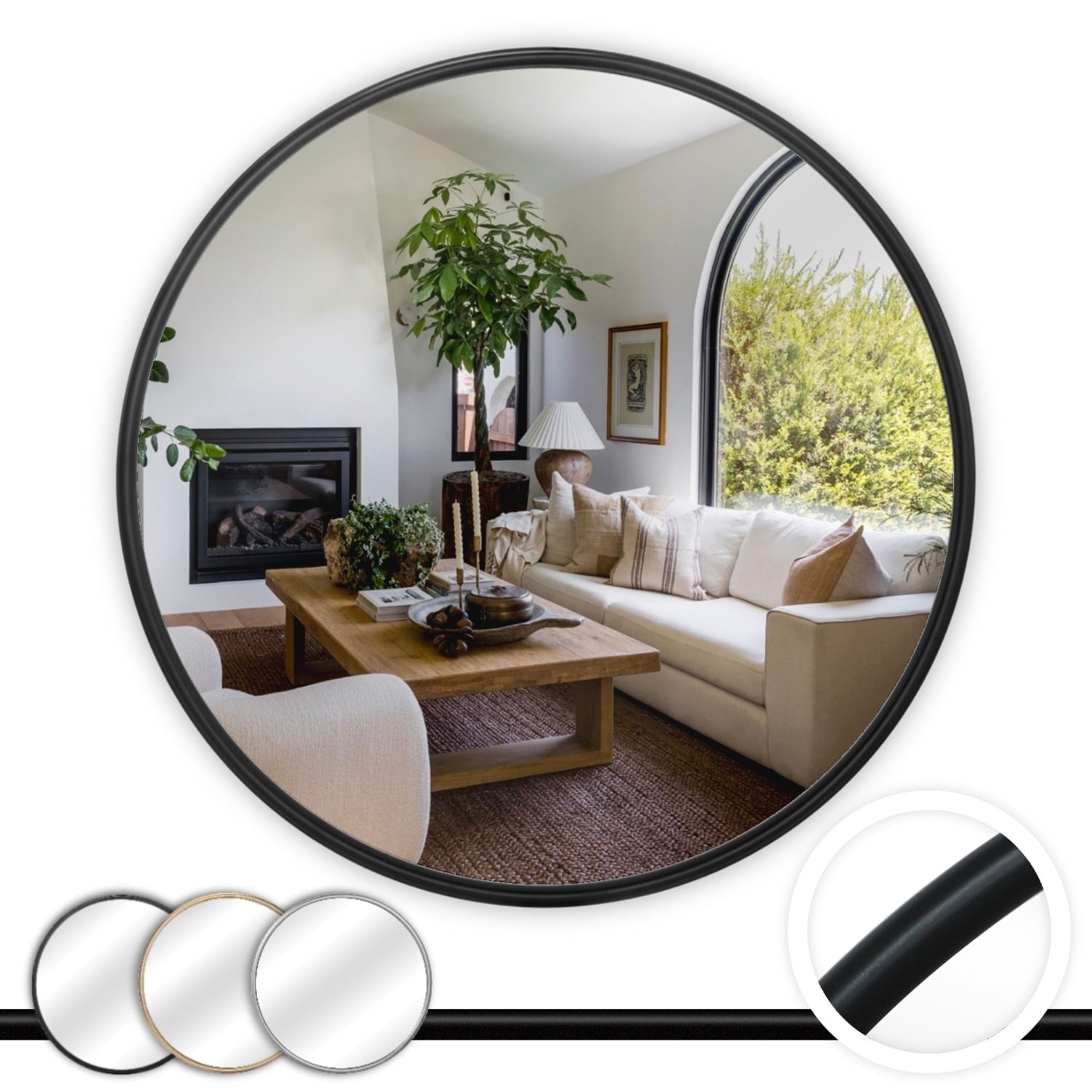 MacLuu Basic Round Metal Wall Mirror 24" x 24" - Black - Walmart.com