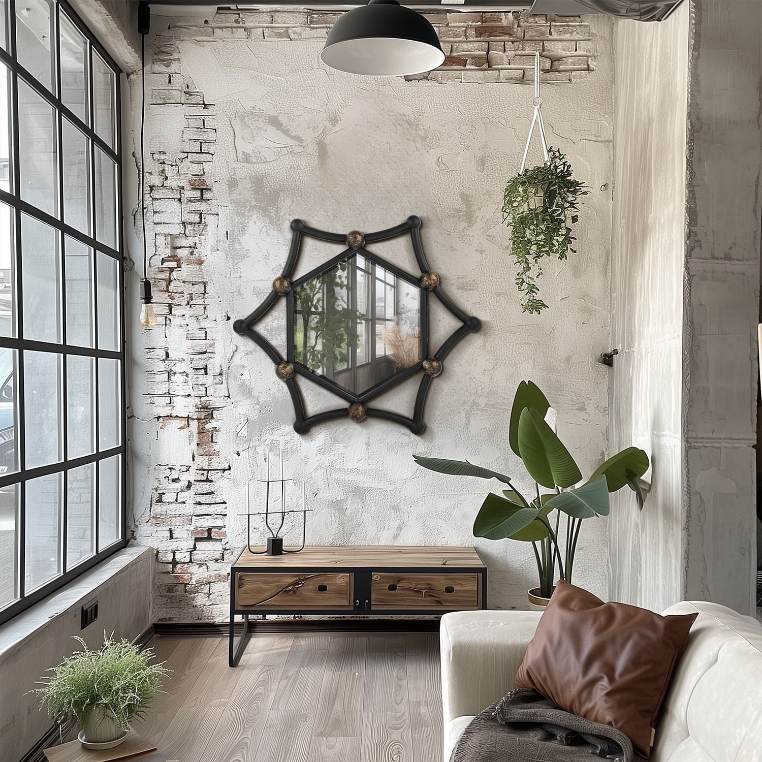 MacLuu Industrial Hexagon Black Metal Pipe Mirror for Wall Decor - 35. ...