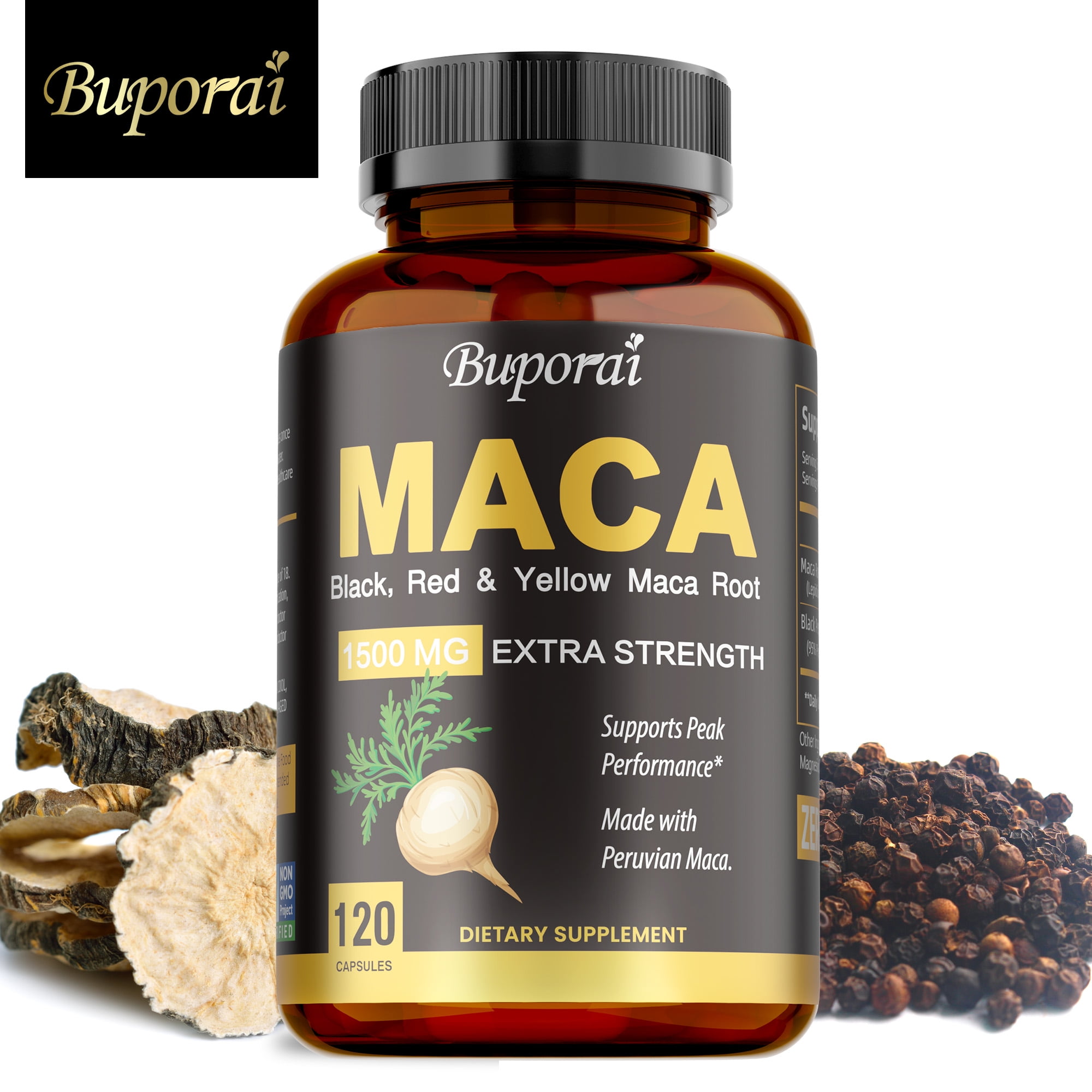 Maca - with Black Pepper Extract - Build Muscle, Energy Supplement, Support Men's Health - 120 ...