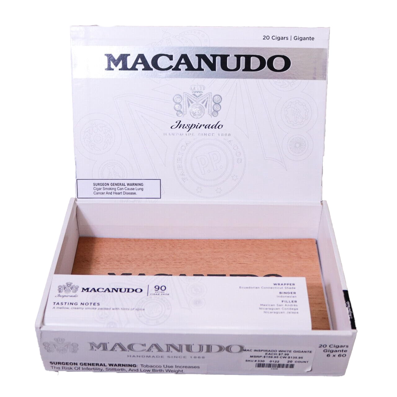 Macanudo Gigante Inspirado White Empty Wood Cigar Box 9.75" x 6.5" x 2. ...
