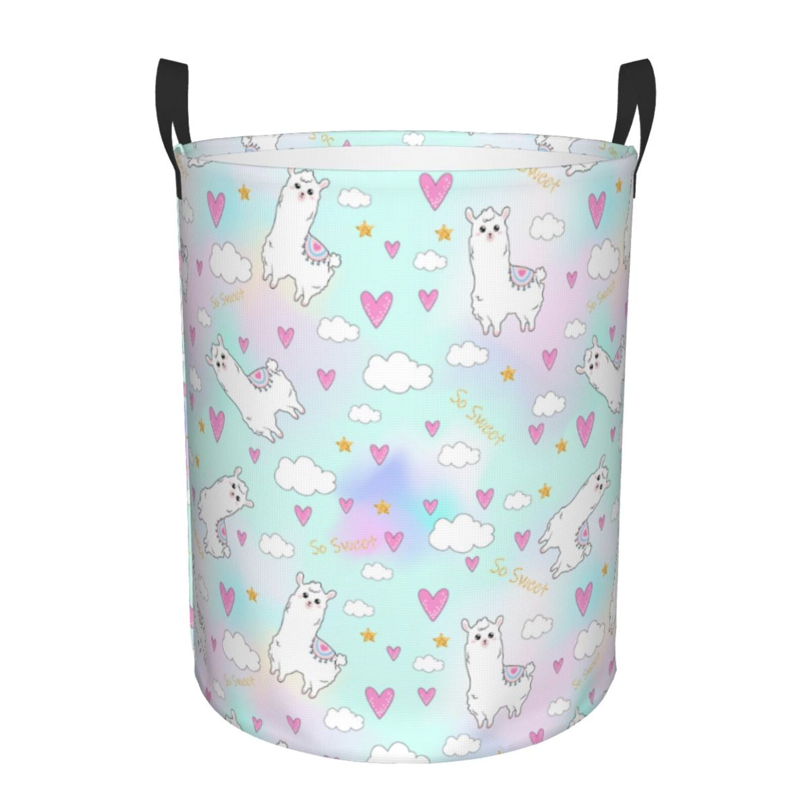Macaron Color Cute Alpaca Love Round Laundry Basket, Laundry Hamper ...