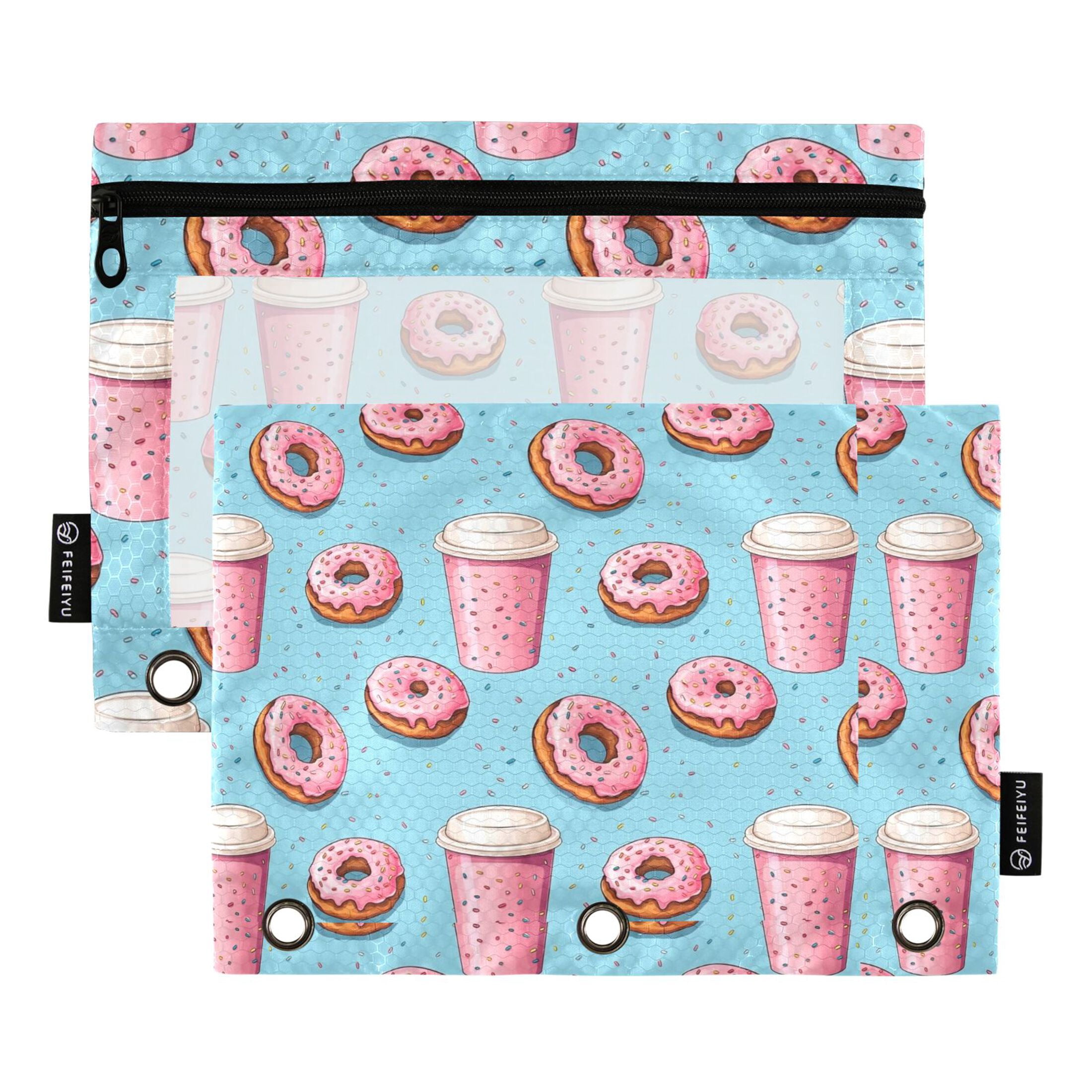 Macaron Donuts and Drink 2 Pack Pencil Pouch for 3 Ring Binder Smooth ...