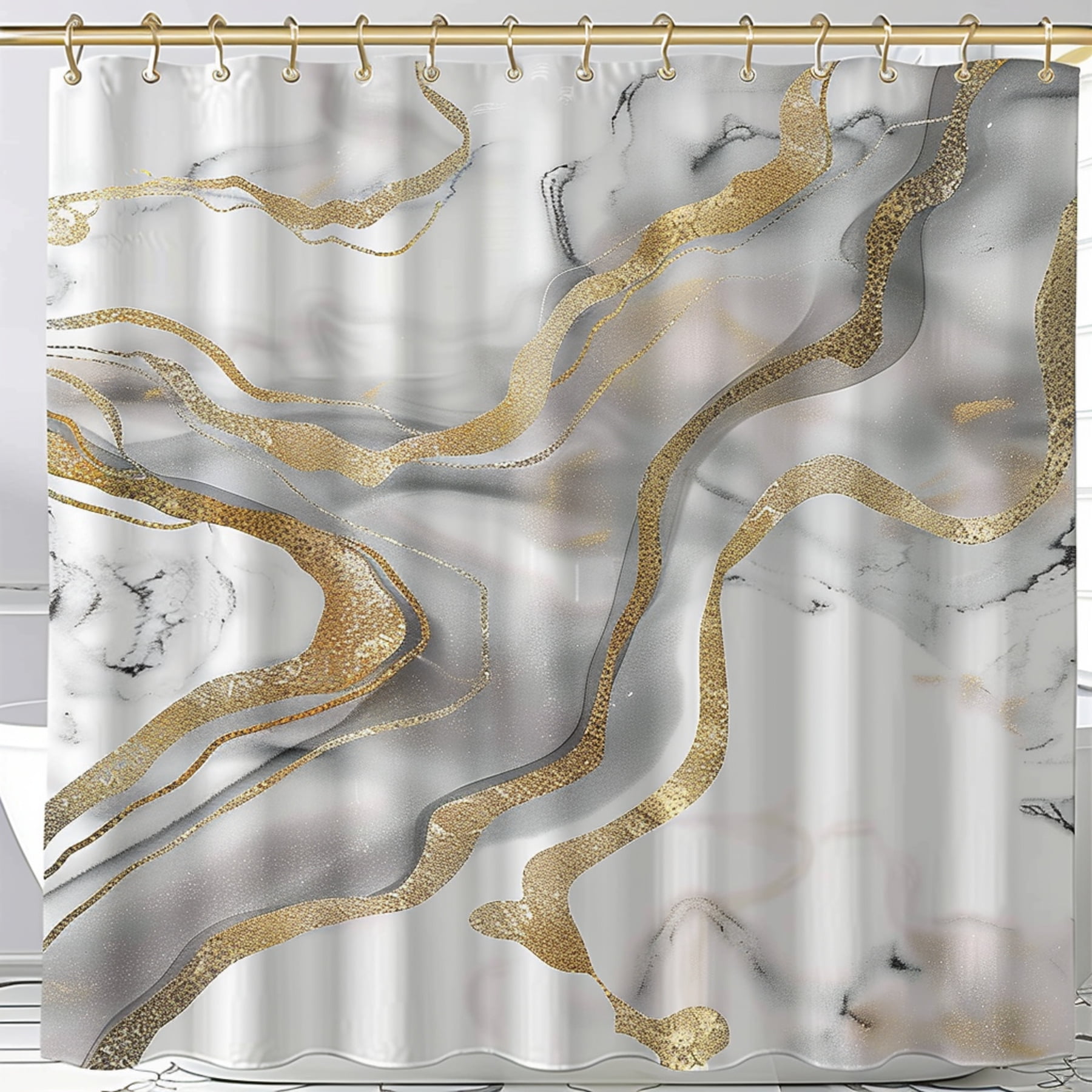 Macaron Style Shower Curtain with Marble Texture Golden Glitter White ...