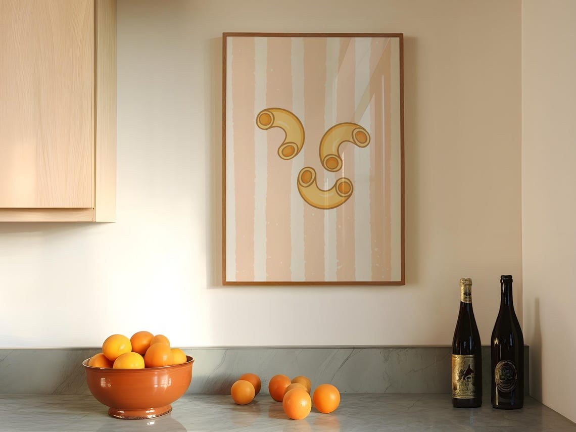 Macaroni Pasta Illustration Print - Cute Kitchen Wall Art, Whimsical ...