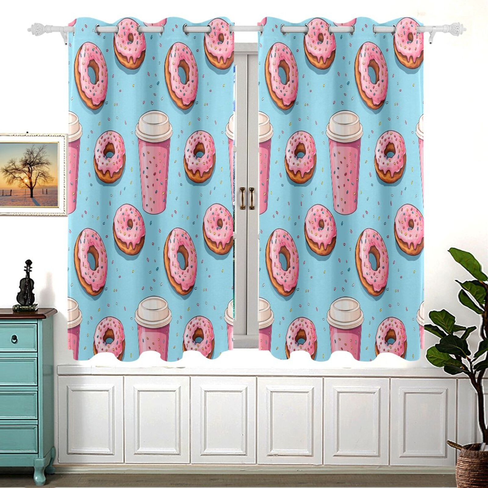 Macarons Coffee Pink Black Out Curtains Aesthetic for Bedroom Living ...