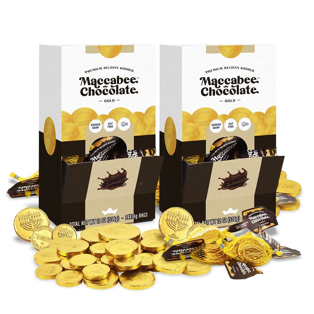 Maccabee Belgian Hanukkah Chocolate Gelt Coins Kosher Nut-free Dairy Bright Gold (2 Boxes, Each ...