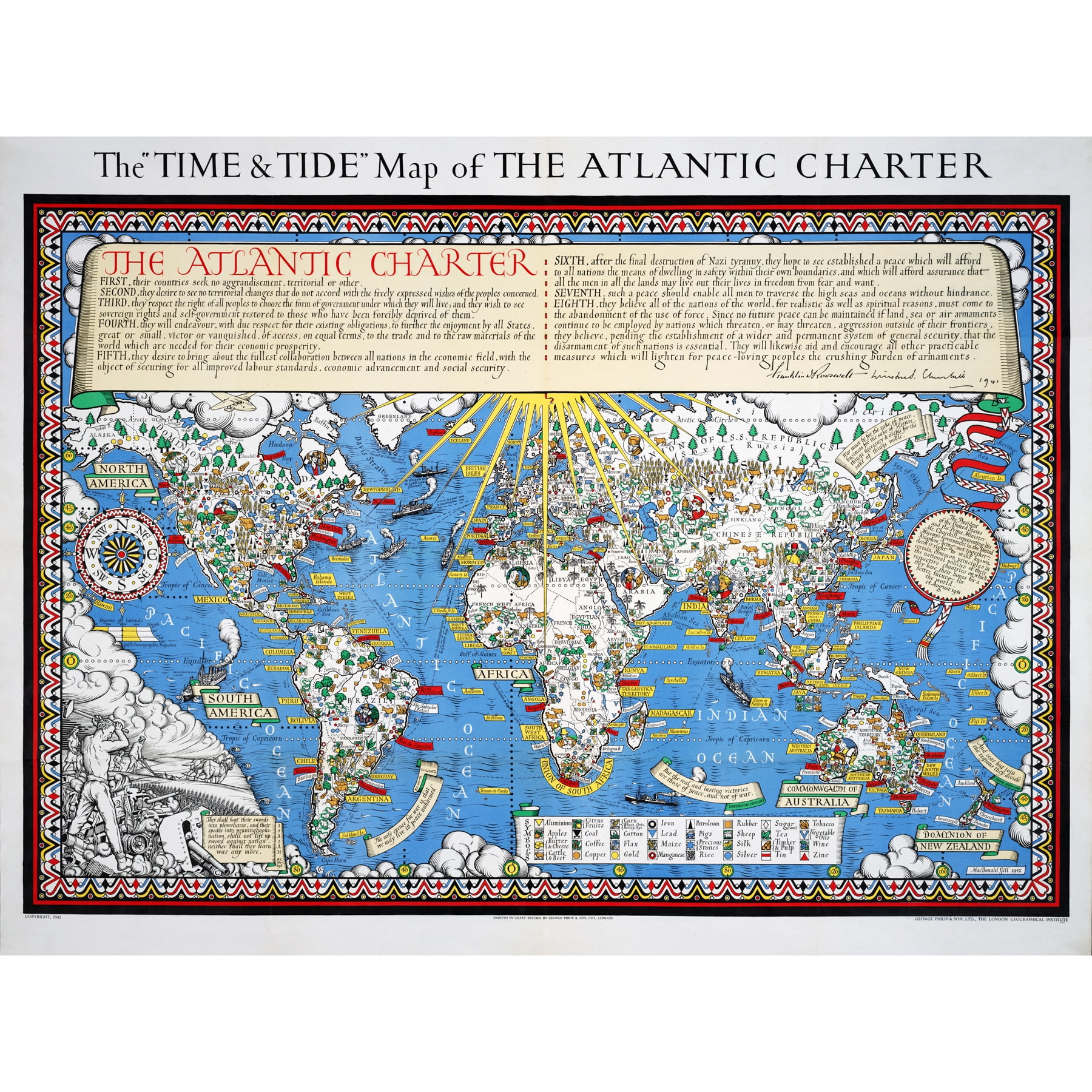 Macdonald 1942 Atlantic Time Tide War Map Extra Large XL Wall Art ...