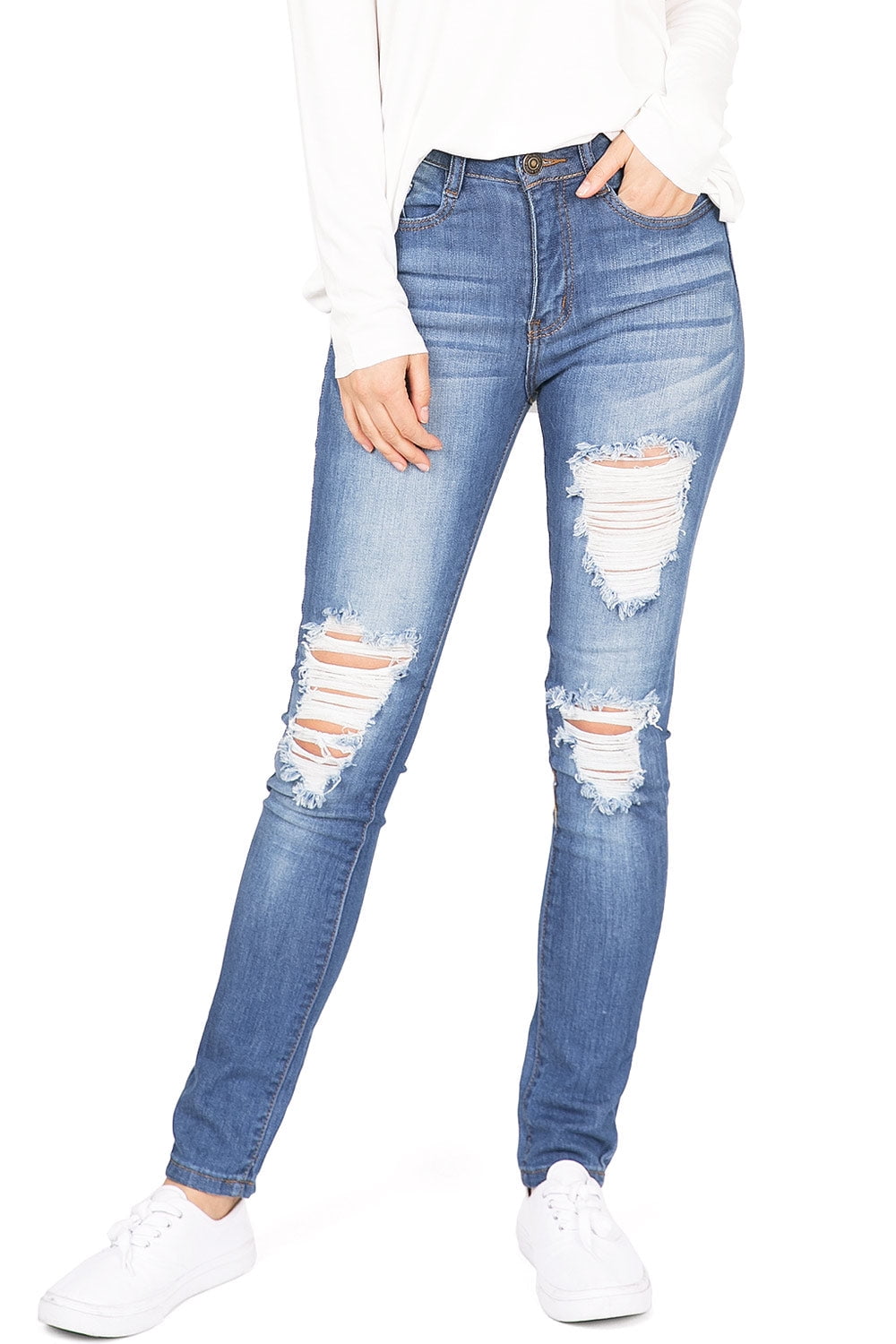 Machine Jeans Women's Juniors High Waist Distressed Jeans (1, Denim ...