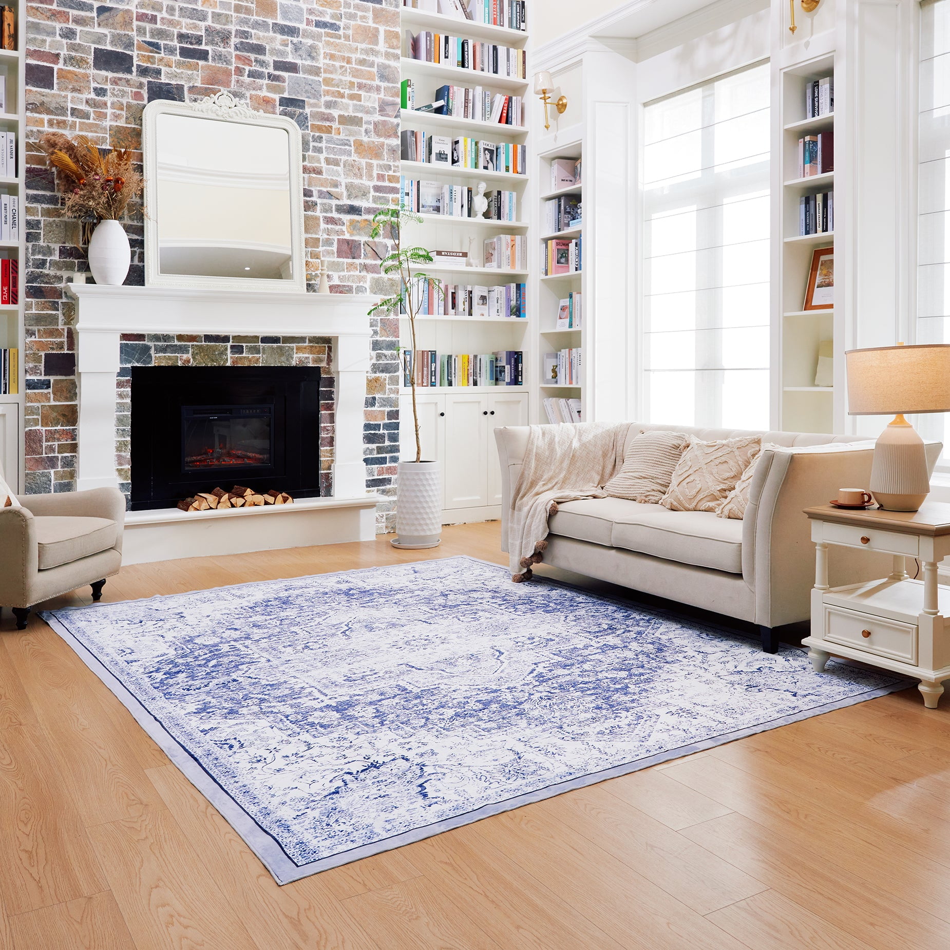 Machine Washable Medallion Traditional Oriental Area Rug - Blue and ...