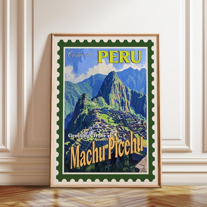 Machu Picchu Travel Poster - Retro Stamp Design "Come To Peru" Wall Art ...