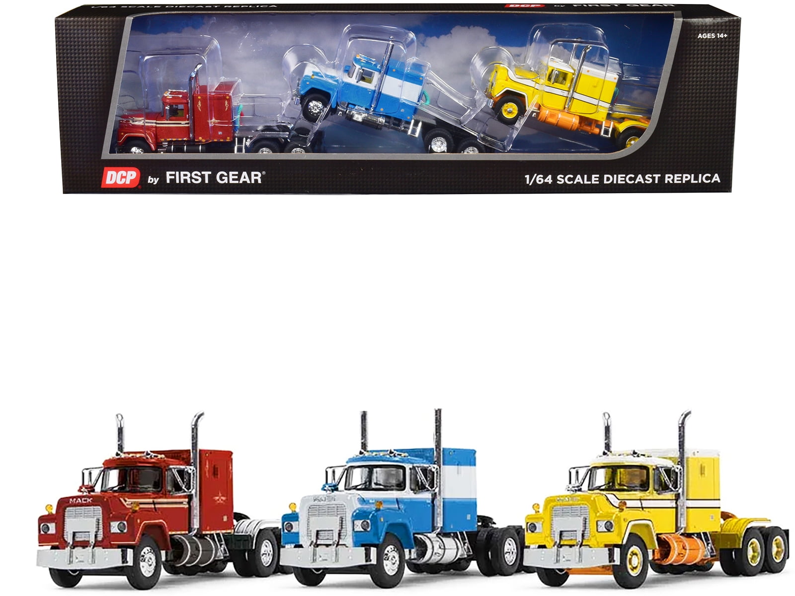 Mack R Sleeper Trio Set of 3 Truck Tractors in Red Blue and Yellow 1/64 ...