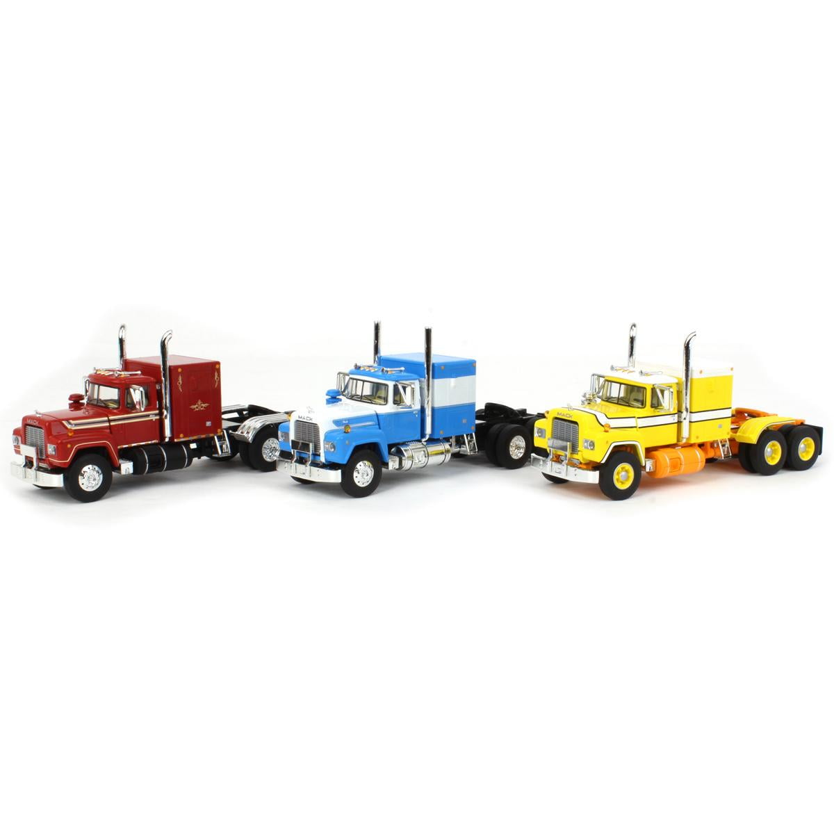 Mack R Sleeper Trio Set of 3 Truck Tractors in Red Blue and Yellow 1/64 ...