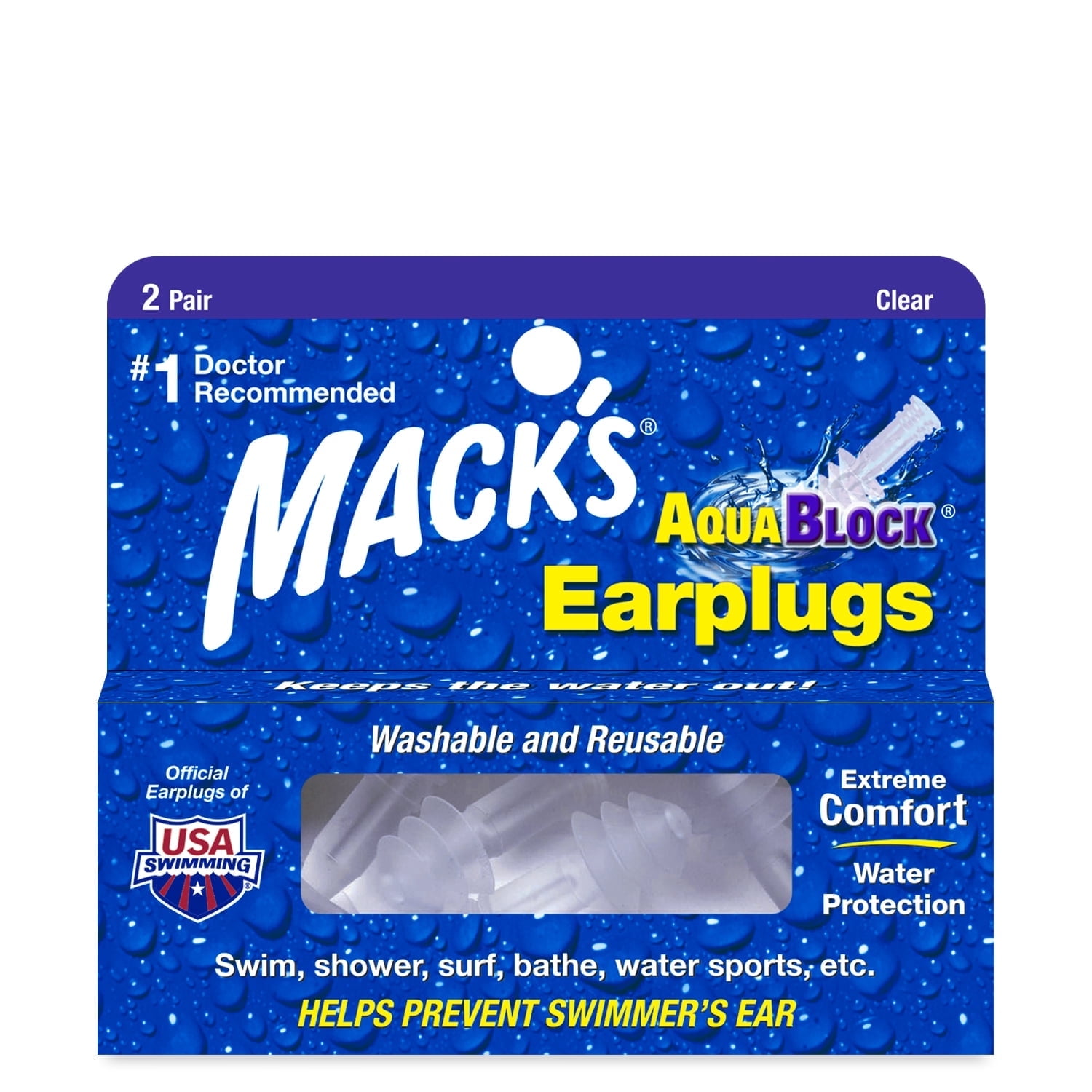 Mack's AquaBlock Swimming Earplugs, 2 Pair - Comfortable, Waterproof ...