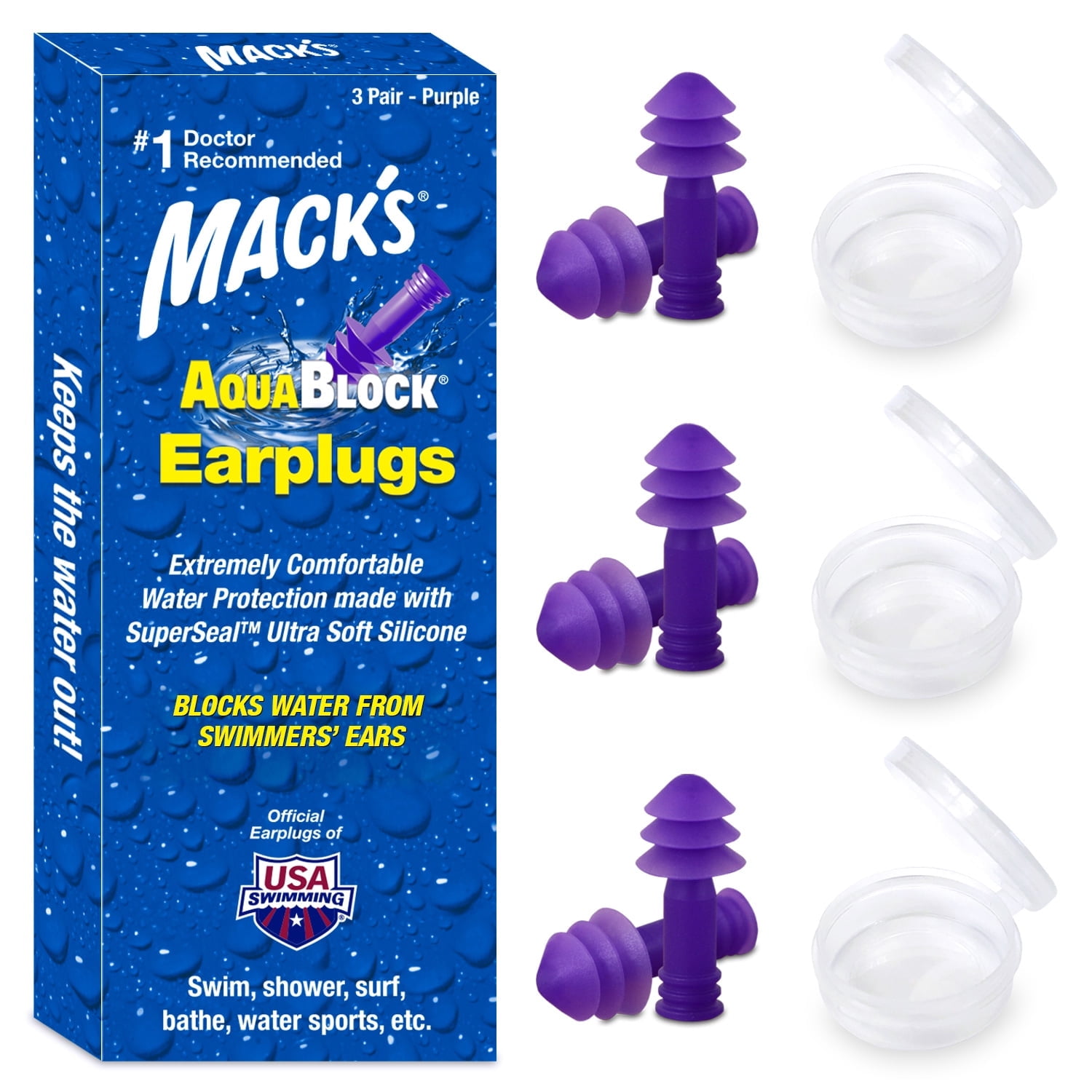 Mack's AquaBlock Swimming Ear Plugs 3 Pair Waterproof Reusable Silicone ...