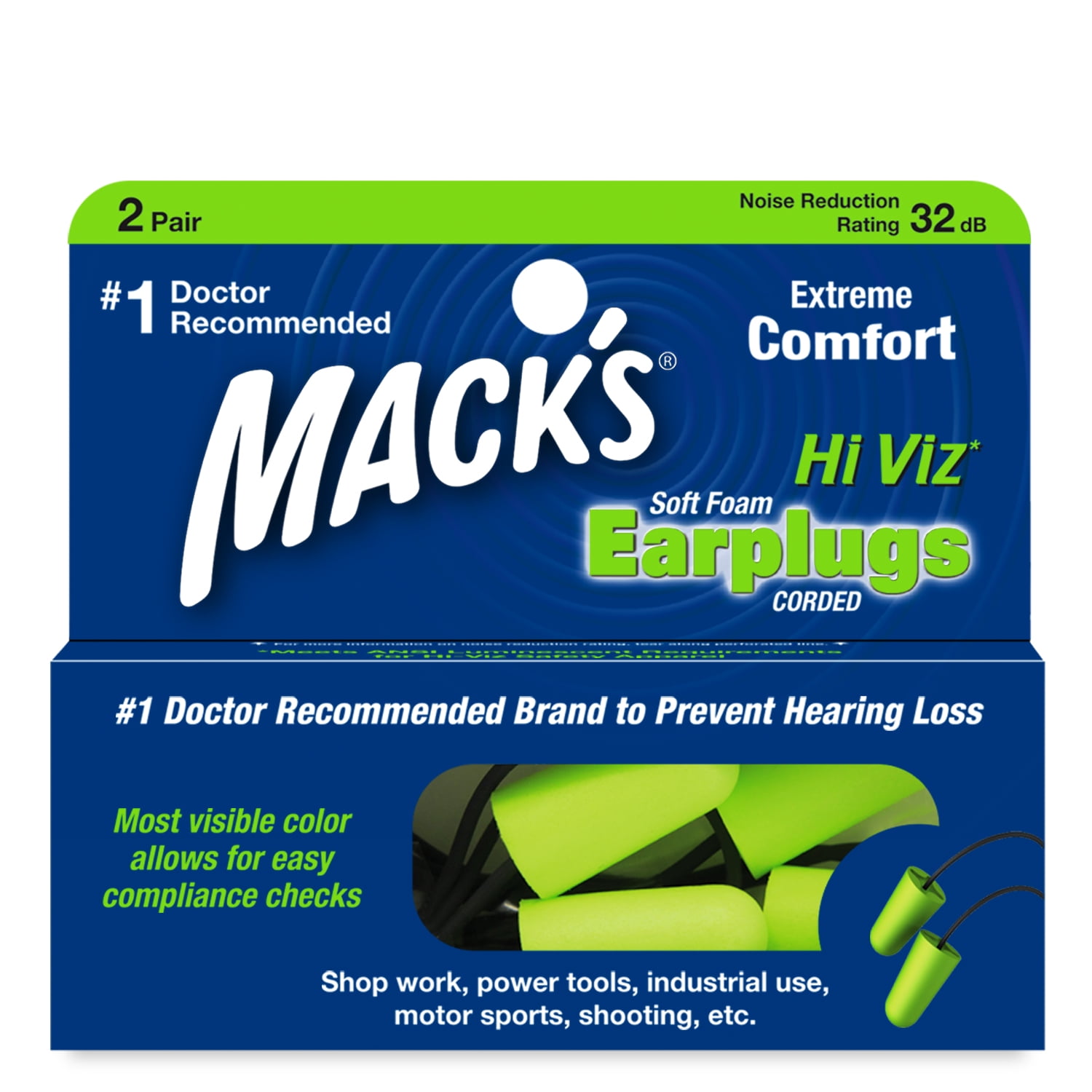 Mack’s Hi Viz Soft Foam Earplugs, 2 Pair – Most Visible Color, Easy ...