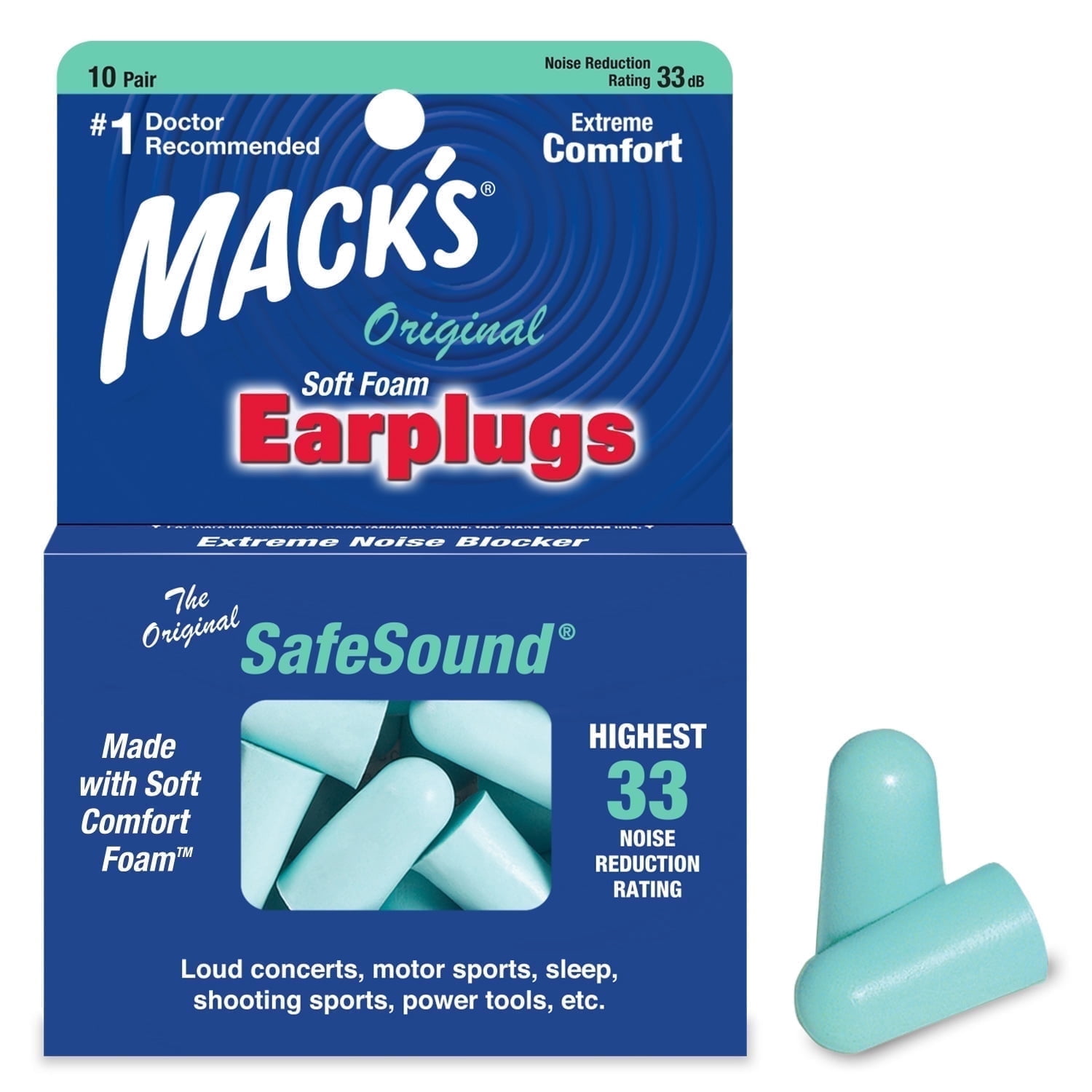 Mack's Original Soft Foam Earplugs, 10 Pair, 33dB NRR, Made in USA ...