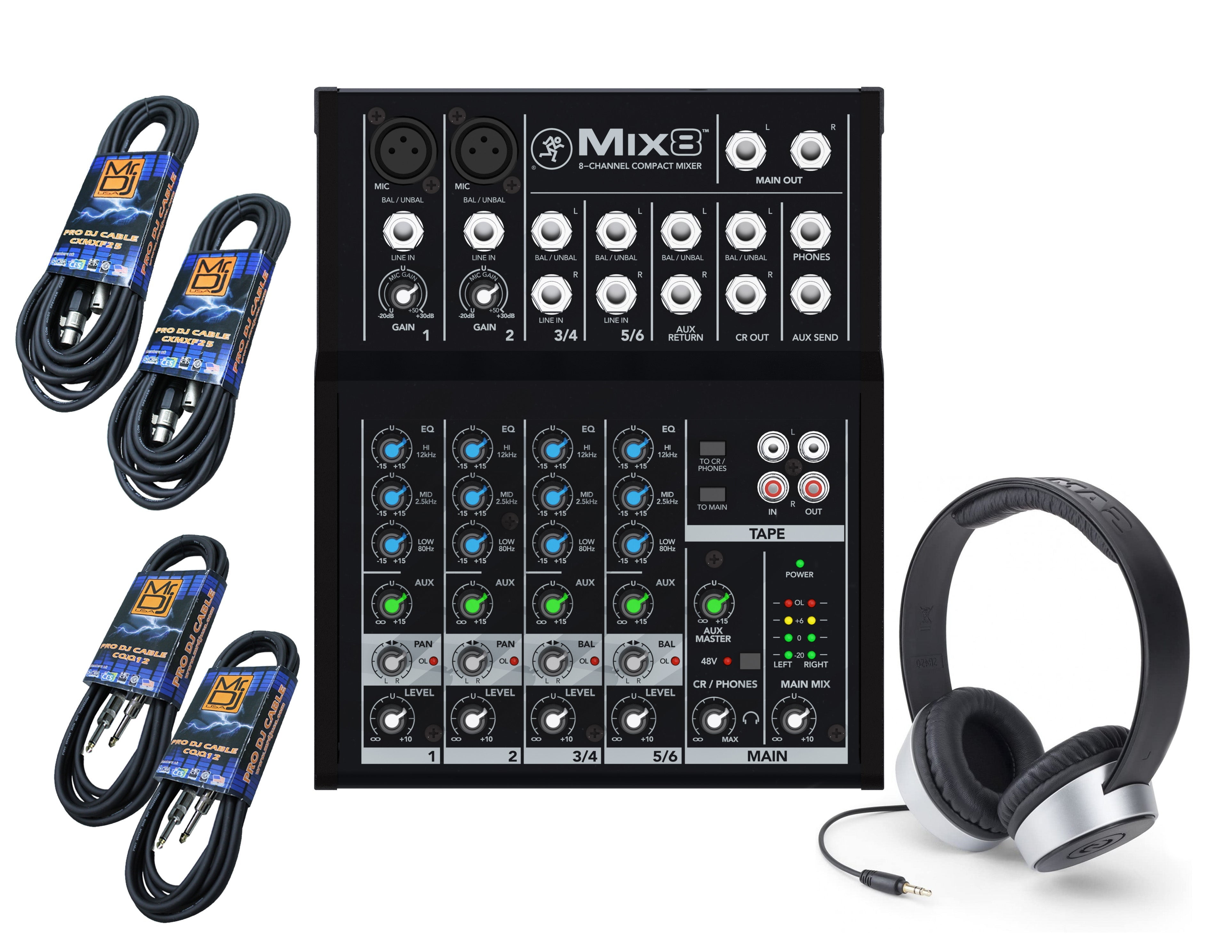 Mackie Mix8 8-Channel Compact Mixer Bundle with MR DJ Headphones, Two 1 ...