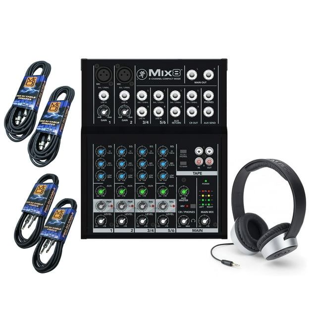 Mackie Mix8 8-Channel Compact Mixer Bundle with MR DJ Headphones, Two 1 ...