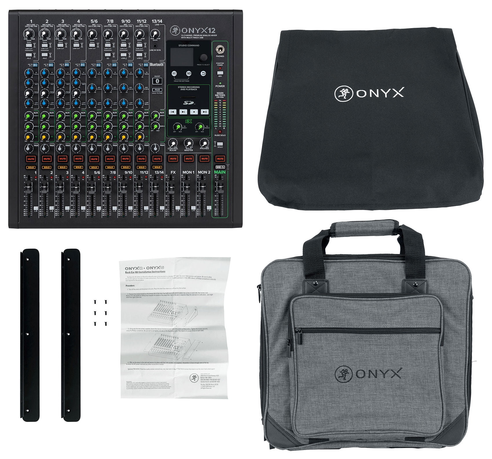 Mackie ONYX12 12-Channel Analog Mixer w/USB/EQ/Bluetooth+Bag+Cover+Rack ...