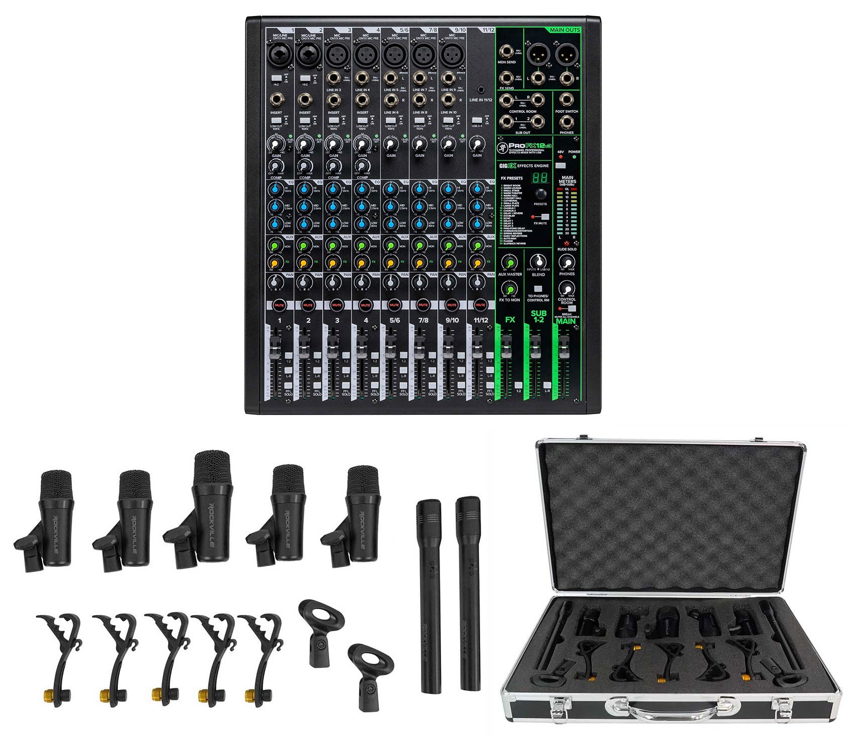 Mackie ProFX12v3 12-Channel Effects Mixer w/USB+7 Piece Drum Mic Kit ...