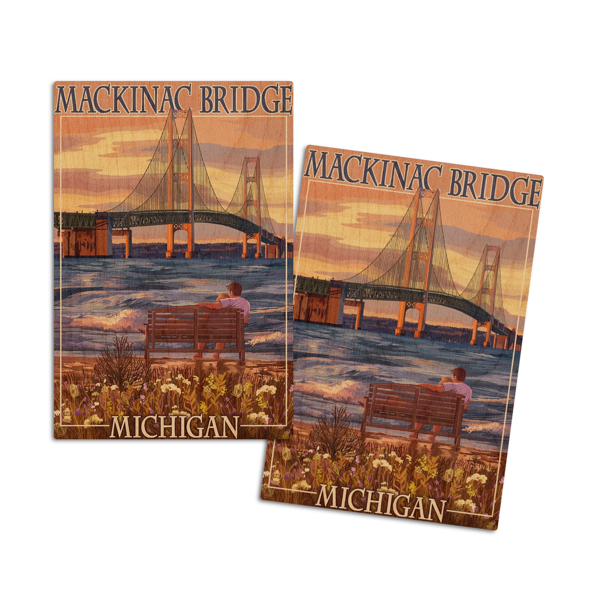 Mackinac, Michigan, Mackinac Bridge and Sunset (4x6 Birch Wood ...
