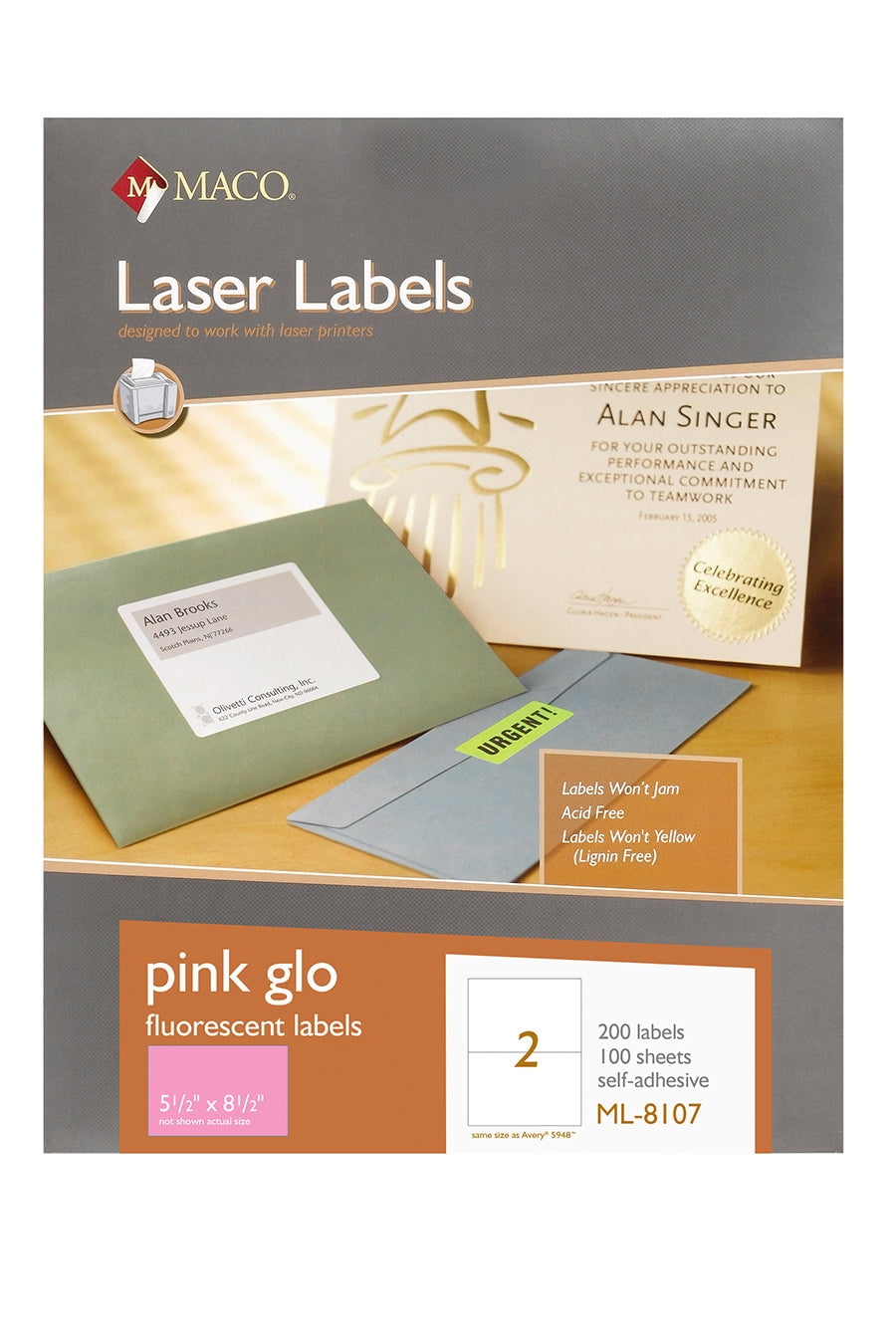 Maco Laser Pink Neon Printer Labels, 5.5" x 8.5", 2 per Sheet, 200 ...