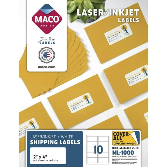 Maco, MACML1000, Laser Printer White Shipping Labels, 1000 / Box, White ...