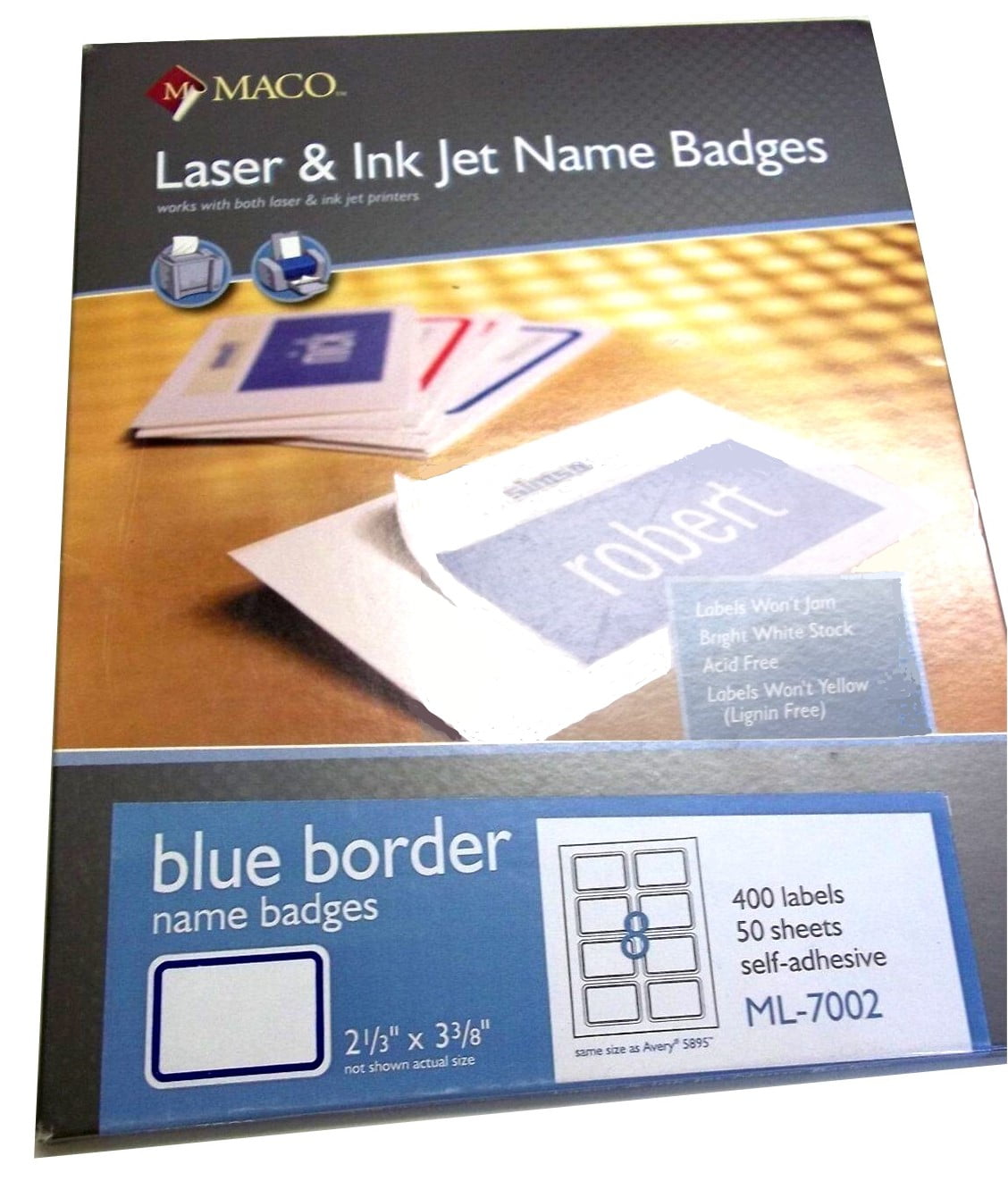 Maco, ML-7002, Laser & Ink Jet Name Badges, 2 1/3" x 3 3/8", 8-Up, Self ...