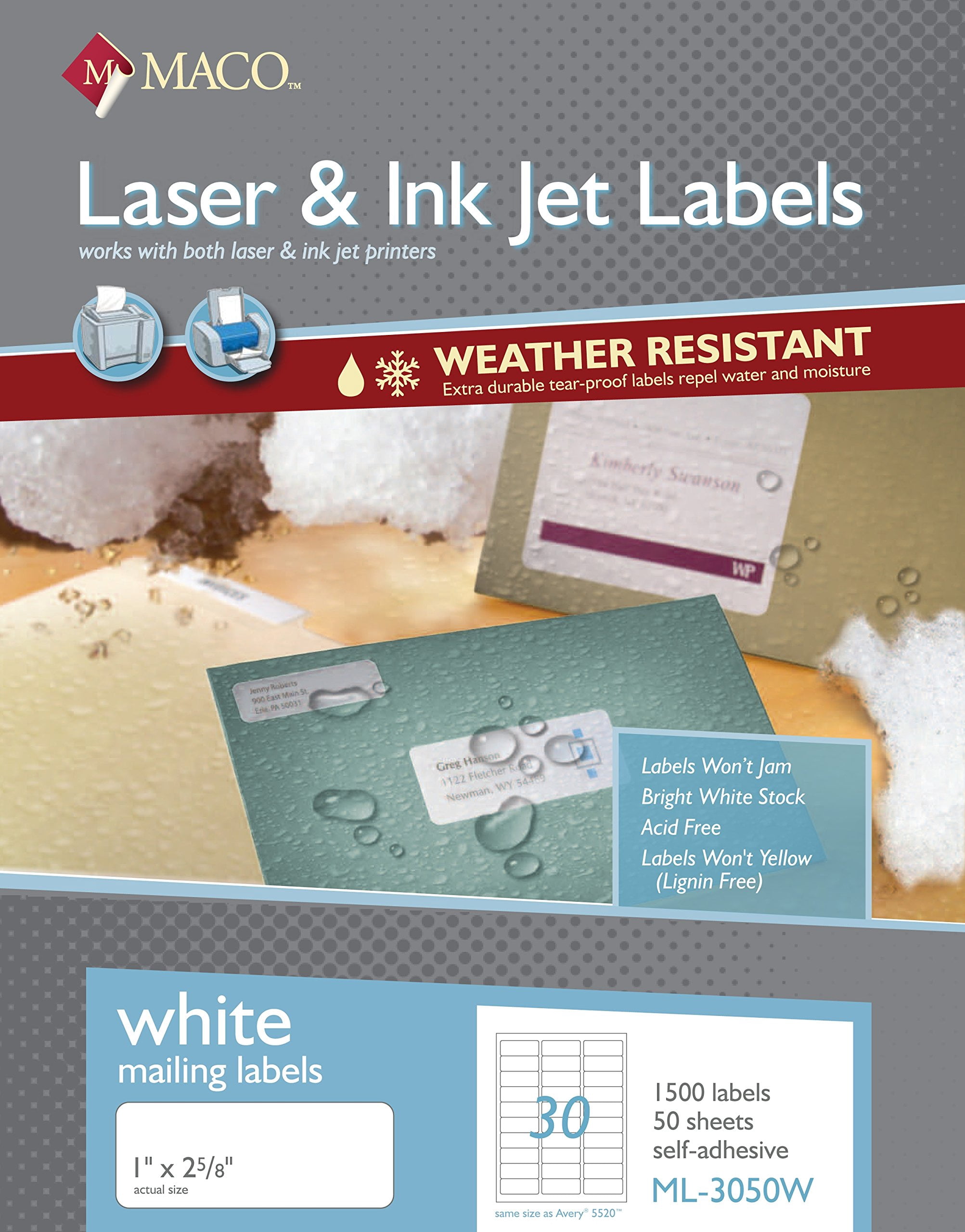 Maco Weather Resistant White Address Labels, 2 5/8" x 1", 30 Labels Per ...