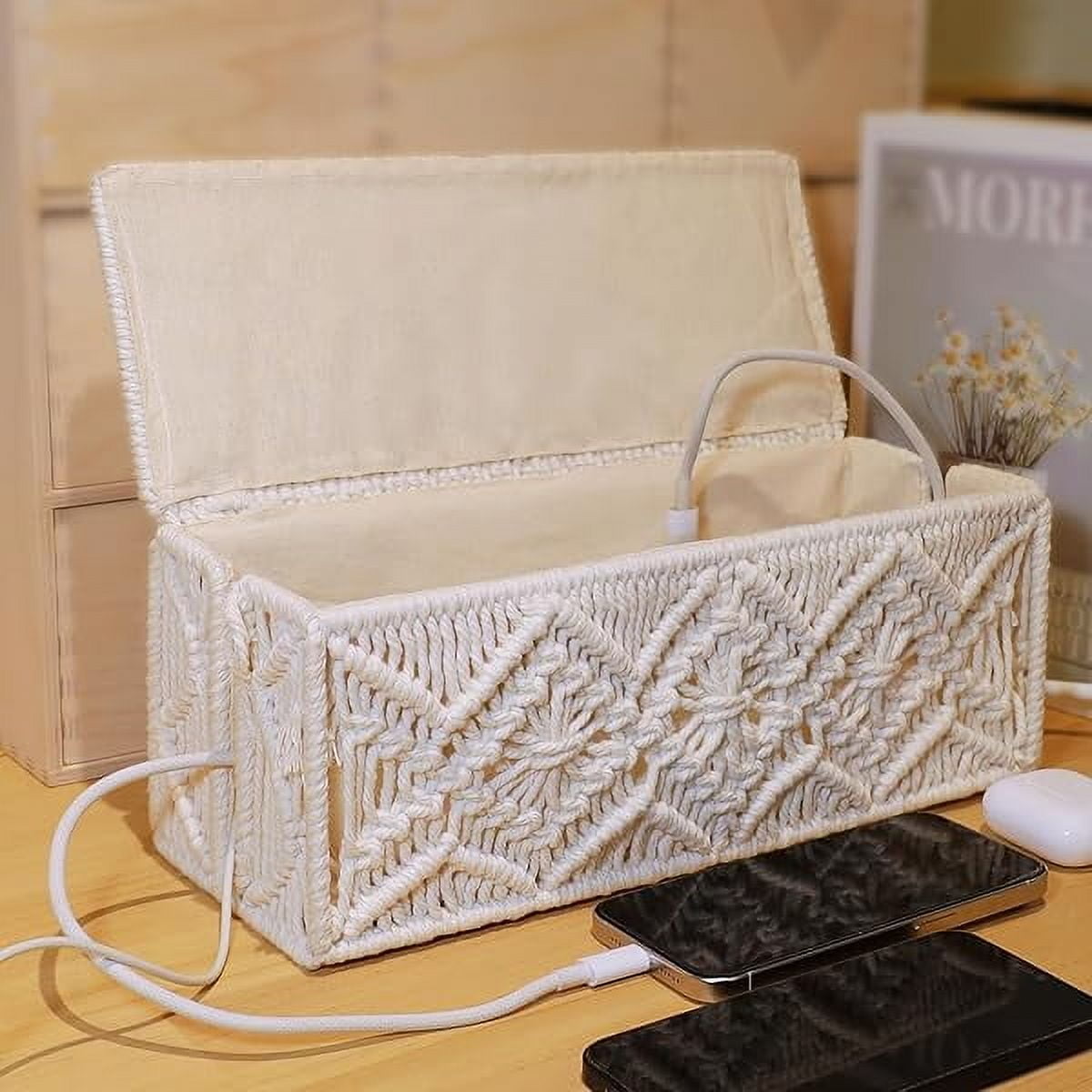 Macrame Handmade Cable Management Box,Boho Cord Organizer Box with Lid,2 Open Slots Cords Hider ...