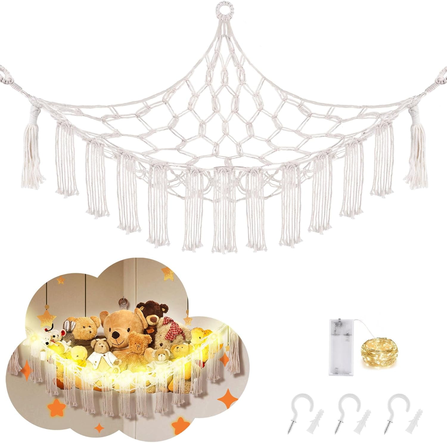 Macrame Hanging Net Hammock for Stuffed Animals with LED Light - Corner ...